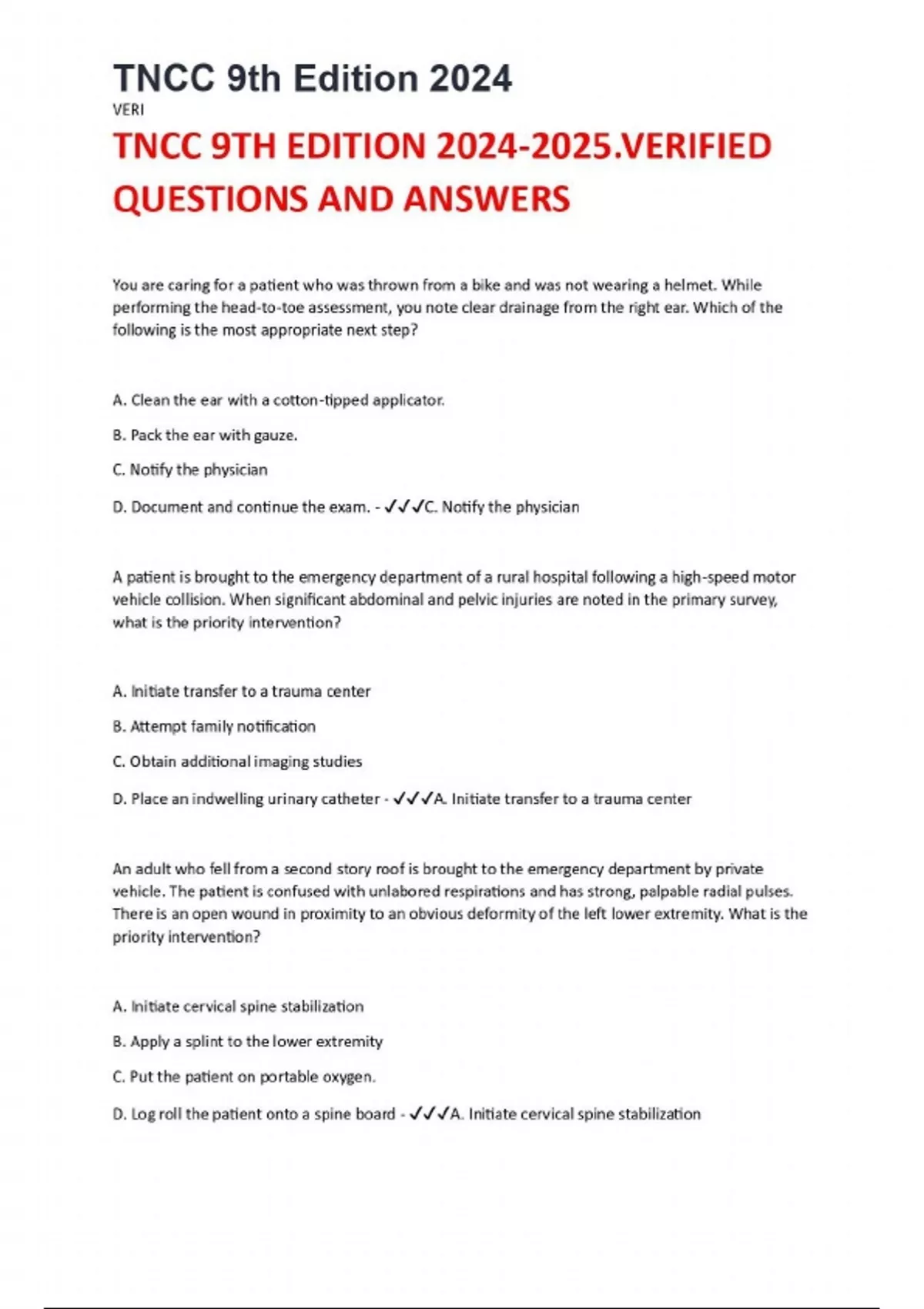 TNCC 9TH EDITION .VERIFIED QUESTIONS AND ANSWERS - TNCC - Stuvia US