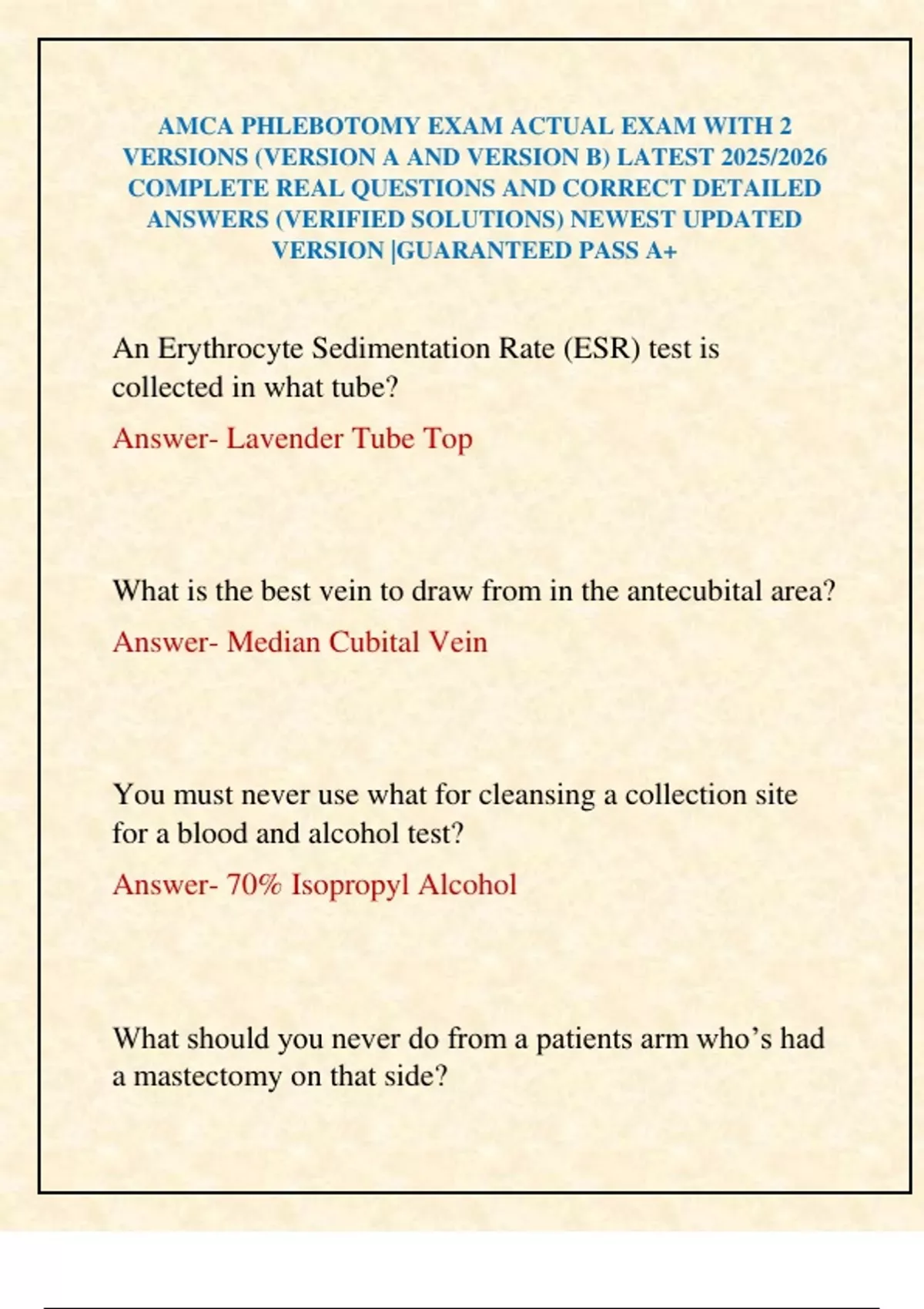 Amca Phlebotomy Exam Actual Exam With 2 Versions Version A And Version