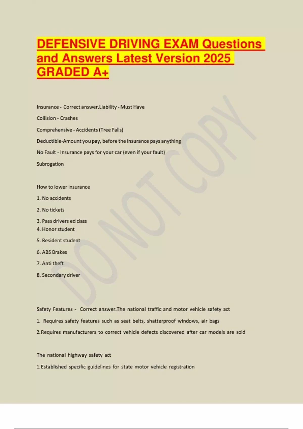 DEFENSIVE DRIVING EXAM Questions and Answers Latest Version 2025 GRADED ...