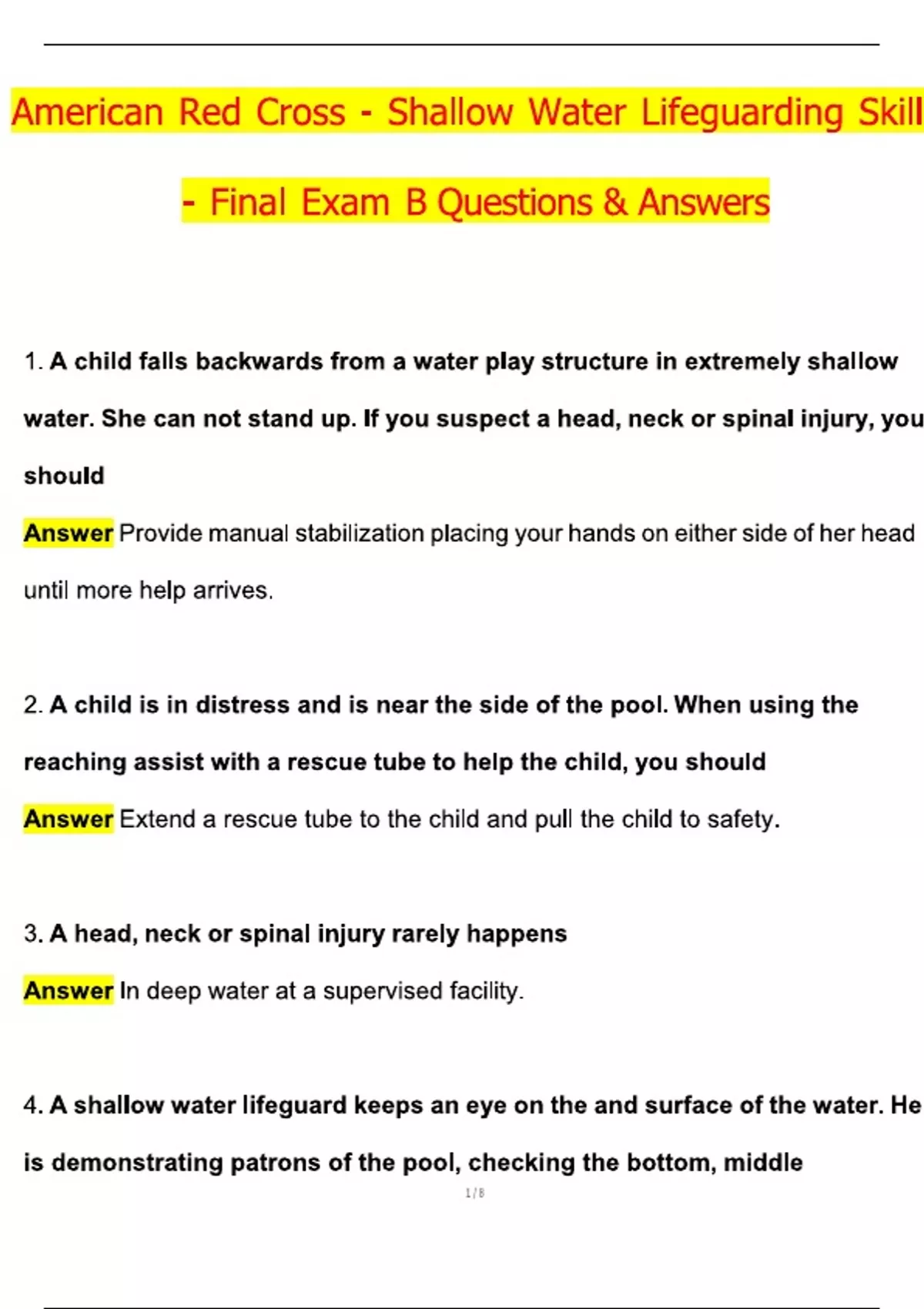 American Red Cross - Shallow Water Lifeguarding Skills - Final Exam B ...