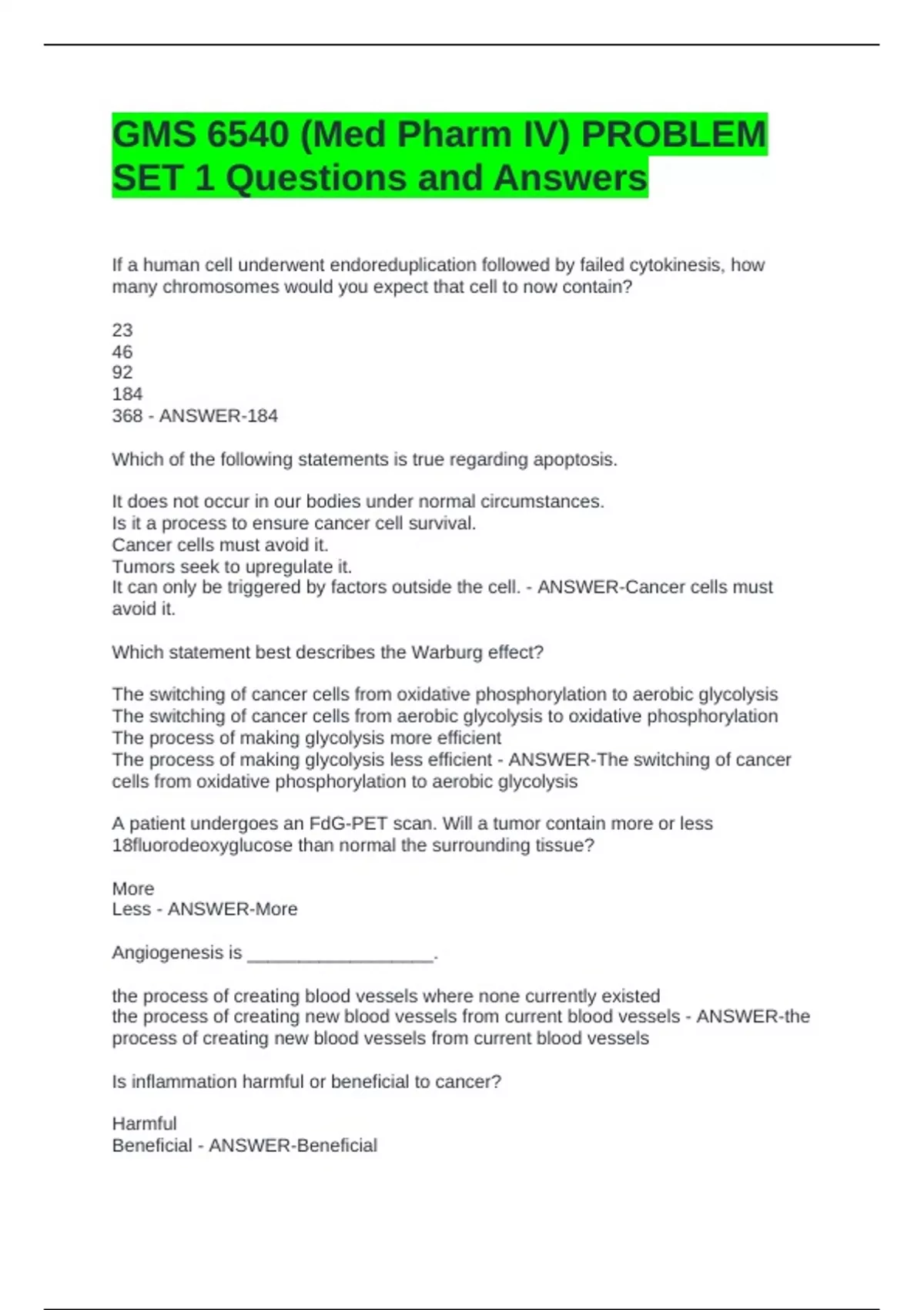 GMS 6540 (Med Pharm IV) PROBLEM SET 1 Questions and Answers - GMS 6440 - Stuvia US