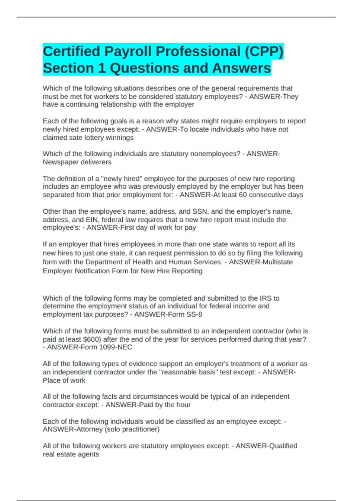 Certified Payroll Professional (CPP) Section 1 Questions and Answers - CPP - Certified Payroll ...