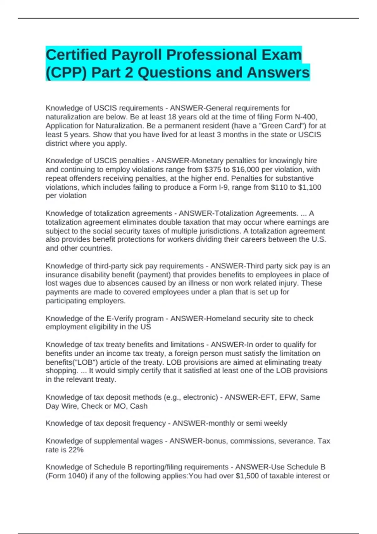 Certified Payroll Professional Exam (CPP) Part 2 Questions and Answers - CPP - Certified Payroll ...