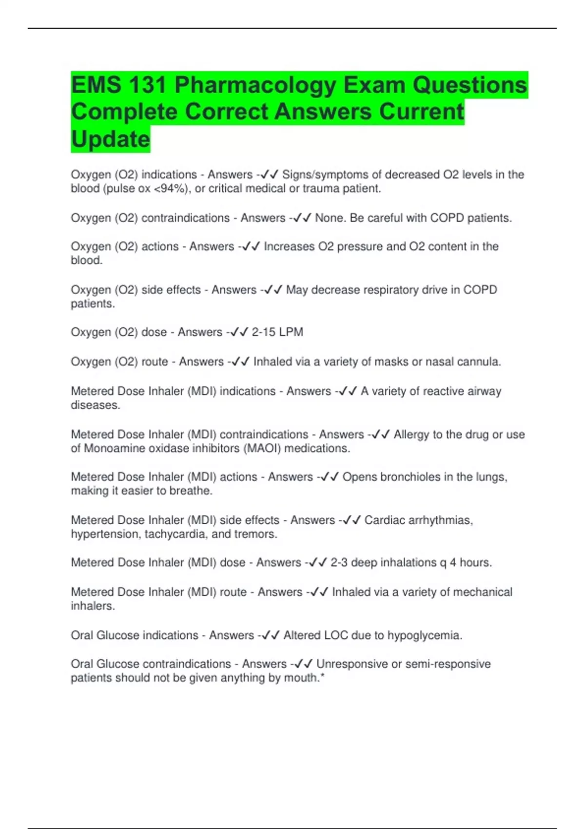 EMS 131 Pharmacology Exam Questions Complete Correct Answers Current ...