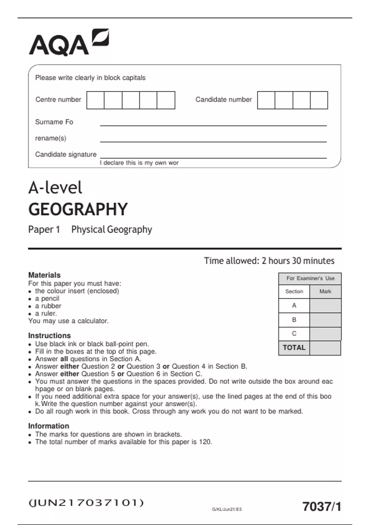 AQA A Level GEOGRAPHY Paper 1 2025 QUESTION PAPER (7037/2) - AQA ...