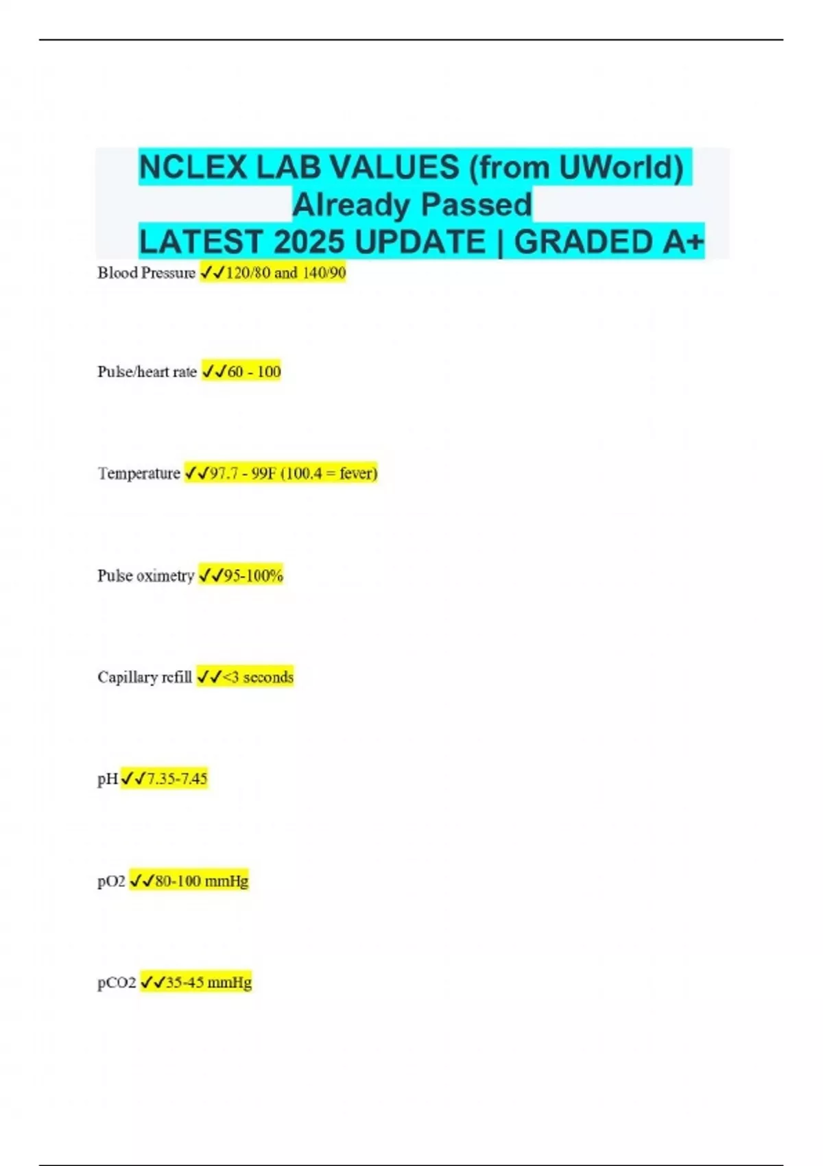 NCLEX LAB VALUES (from UWorld) Already Passed LATEST 2025 UPDATE ...