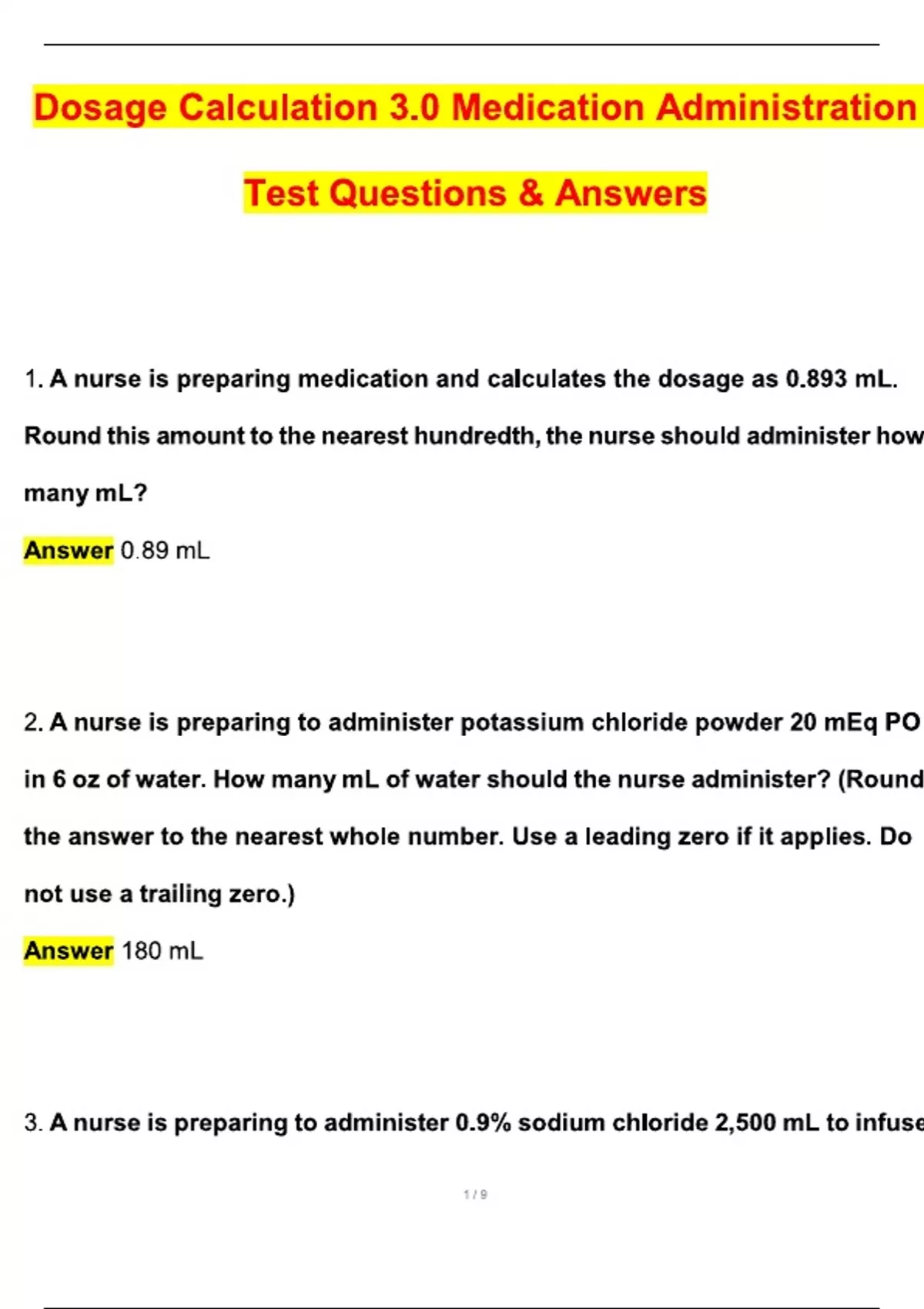 Dosage Calculation 3.0 Medication Administration Test Questions and ...
