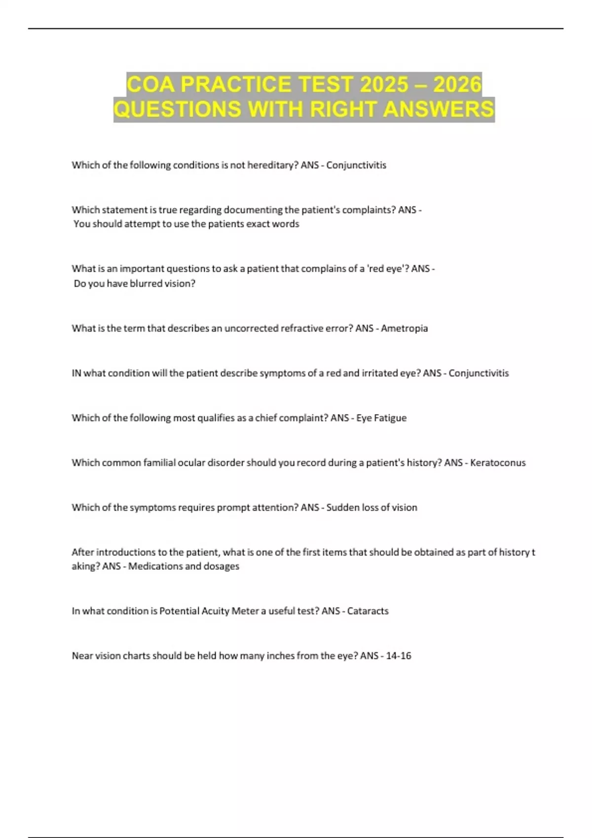 COA PRACTICE TEST 2025 – 2026 QUESTIONS WITH RIGHT ANSWERS - COA ...