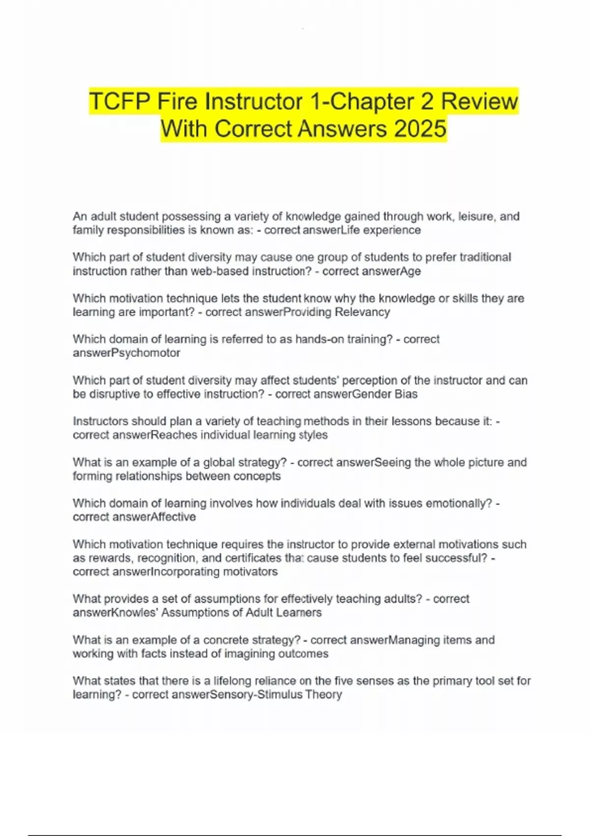 TCFP Fire Instructor 1-Chapter 2 Review With Correct Answers 2025 - TCFP Fire Instructor 1 ...