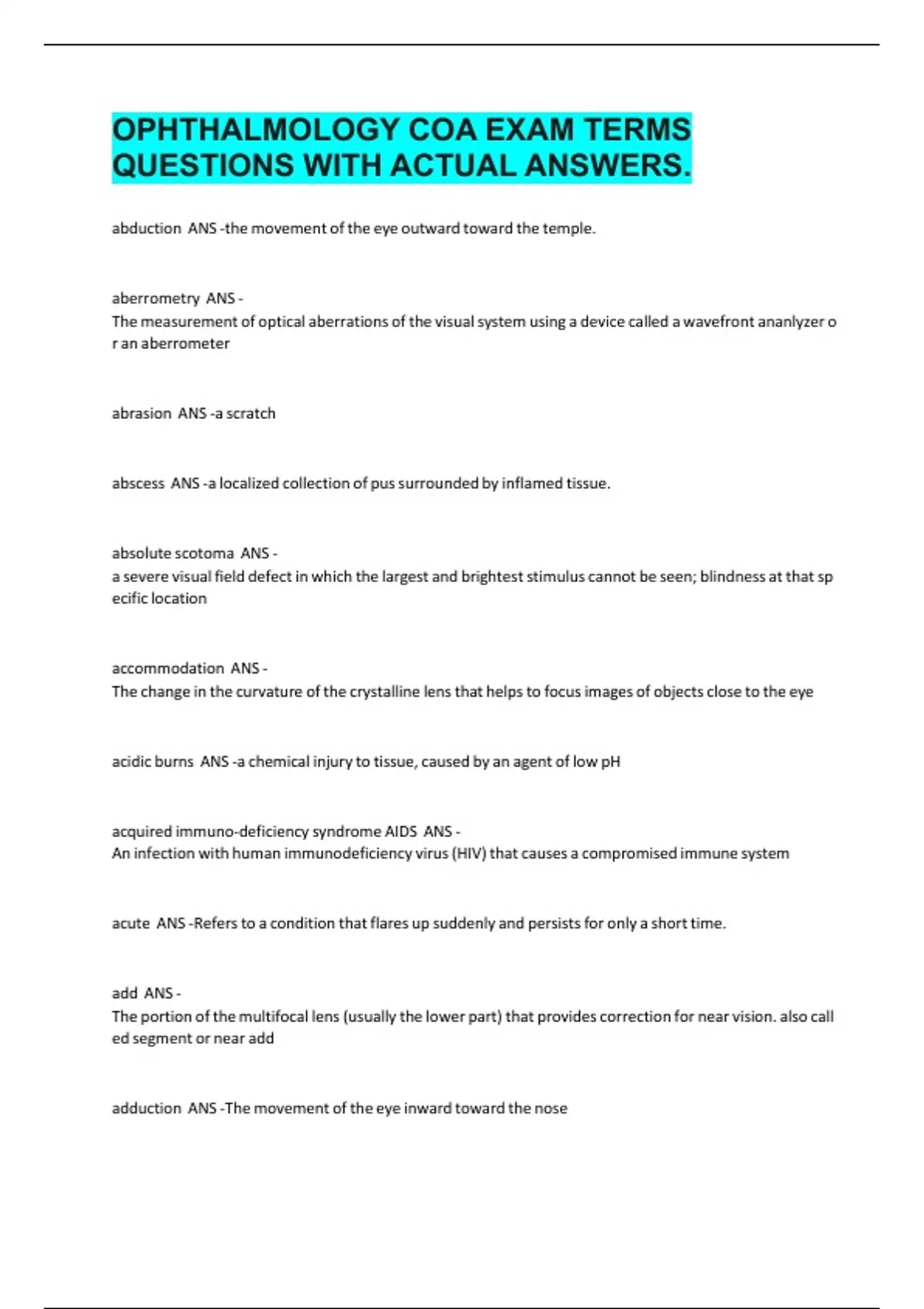 OPHTHALMOLOGY COA EXAM TERMS QUESTIONS WITH ACTUAL ANSWERS - COA ...