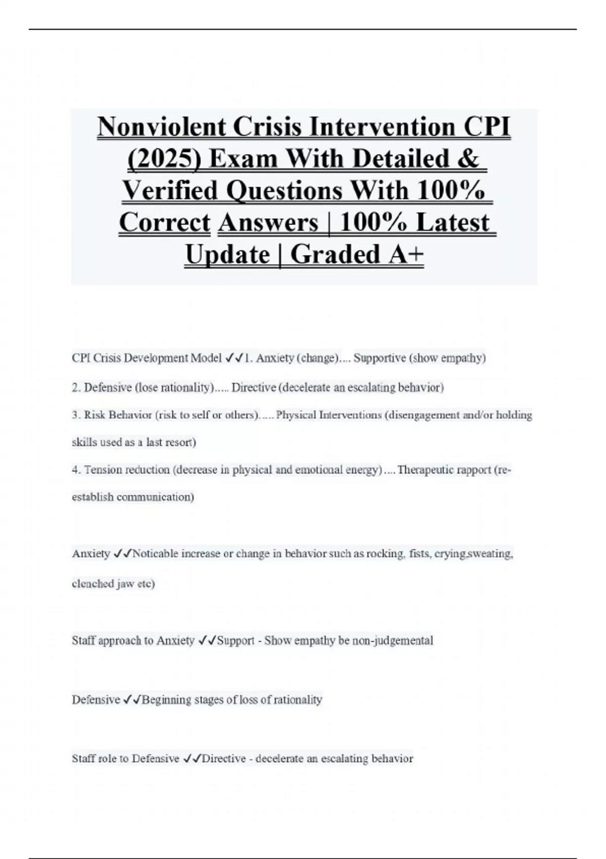Nonviolent Crisis Intervention СРІ (2025) Exam With Detailed & Verified ...