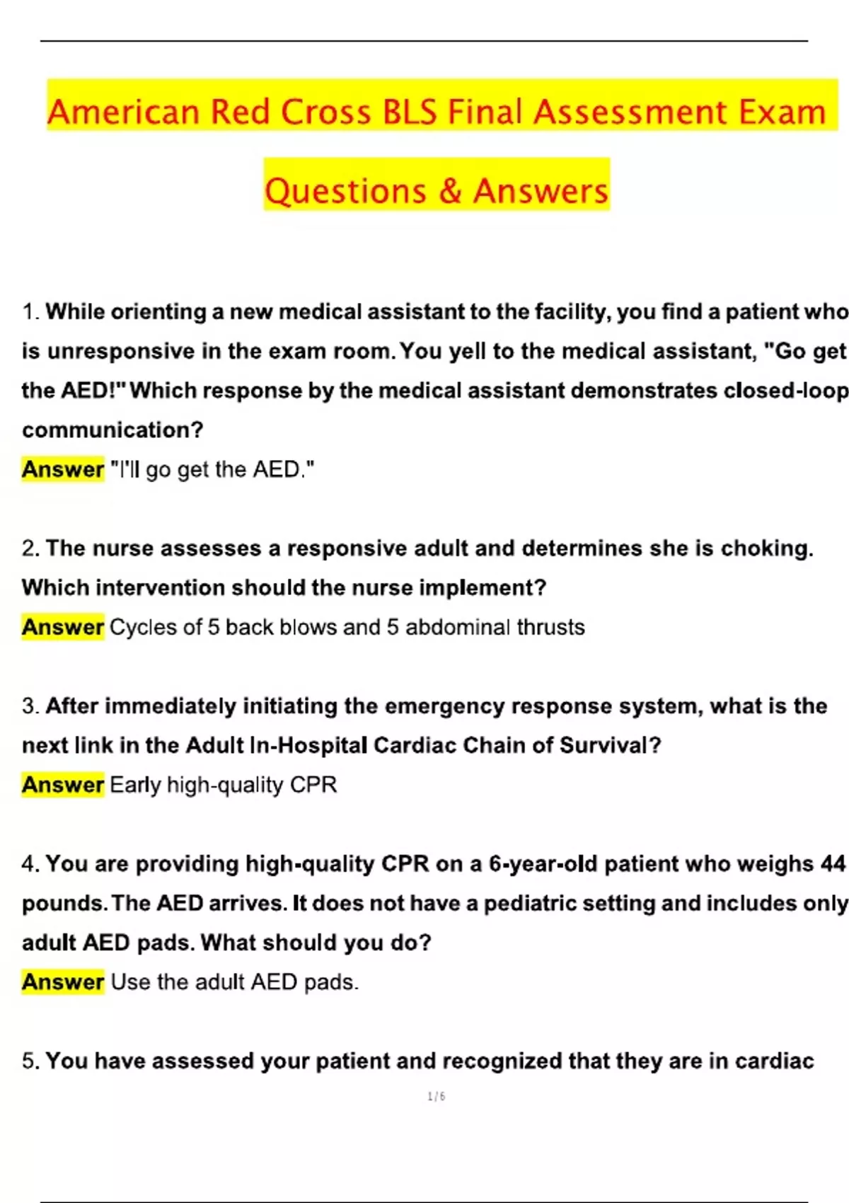 American Red Cross BLS Final Assessment Exam Actual 2025 Questions ...