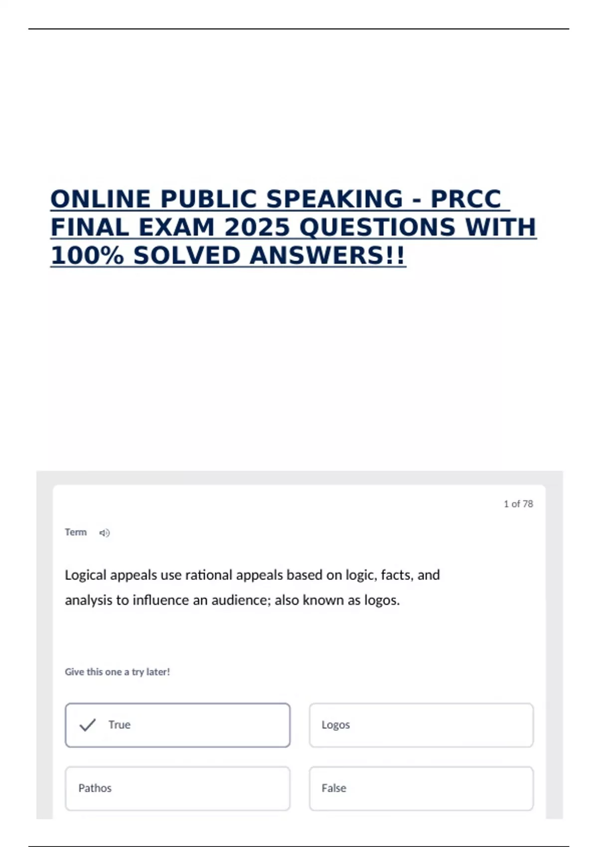 ONLINE PUBLIC SPEAKING - PRCC FINAL EXAM 2025 QUESTIONS WITH 100% ...