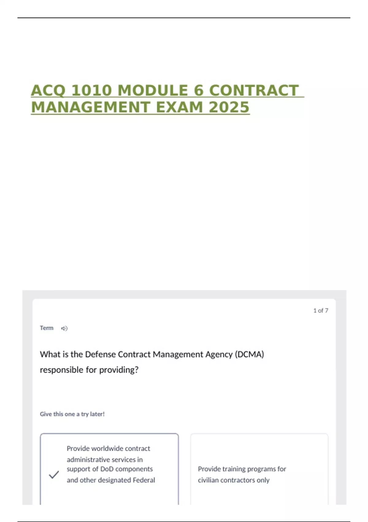 ACQ 1010 MODULE 6 CONTRACT MANAGEMENT EXAM 2025 - ACQ 1010 - Stuvia US