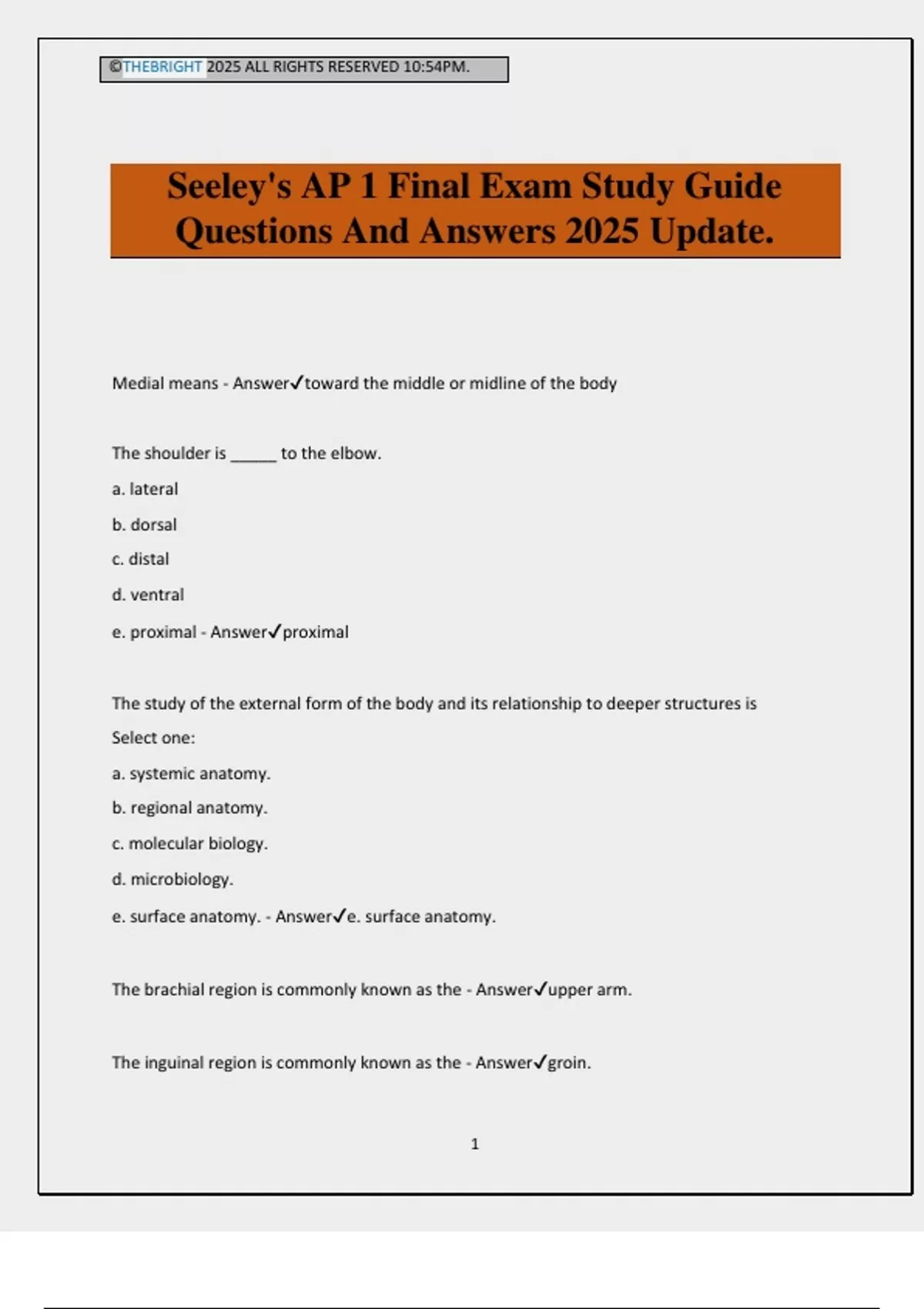 Seeley's AP 1 Final Exam Study Guide Questions And Answers 2025 Update ...