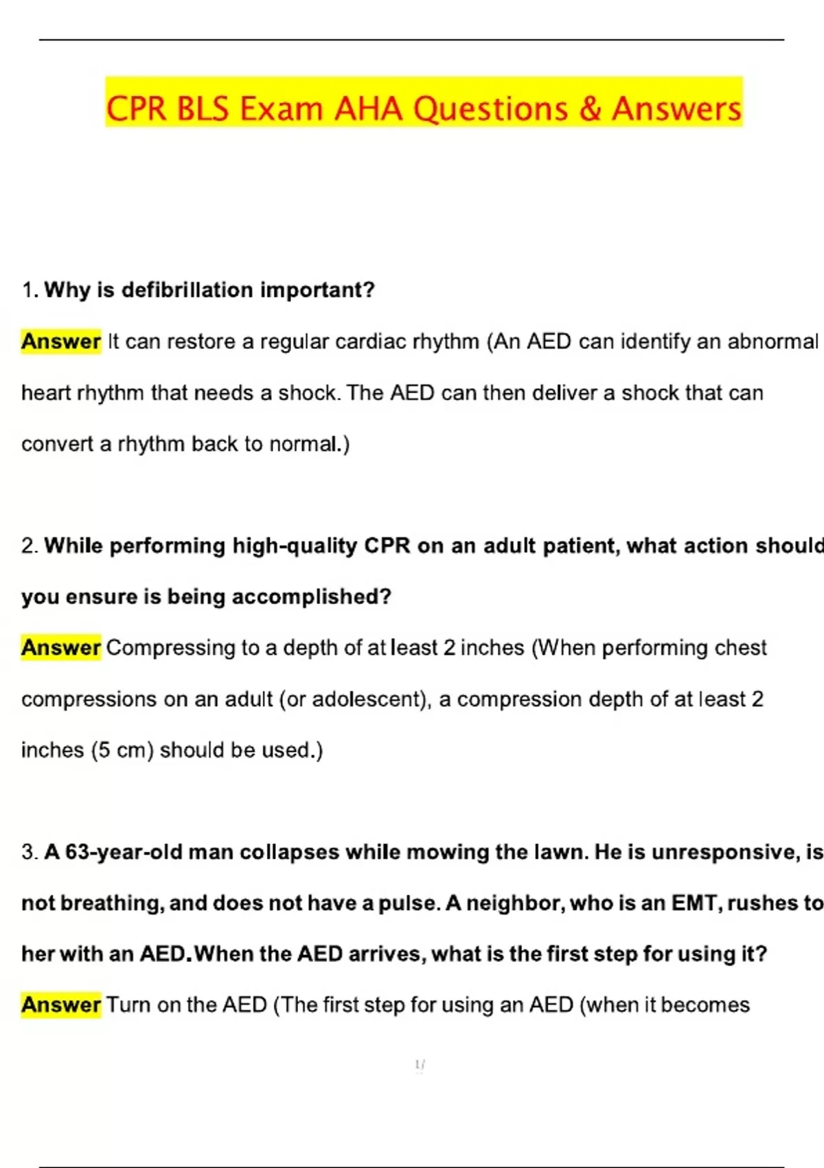 AHA CPR BLS Exam (Latest 2025 / 2026 Update)| Questions with Verified ...
