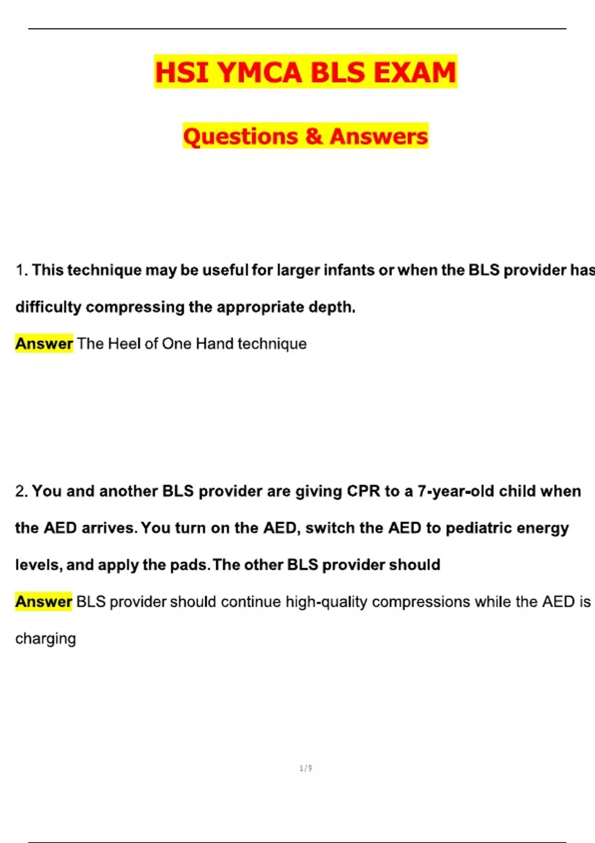 HSI YMCA BLS EXAM (Latest 2025 / 2026 Update)| Questions with Verified ...