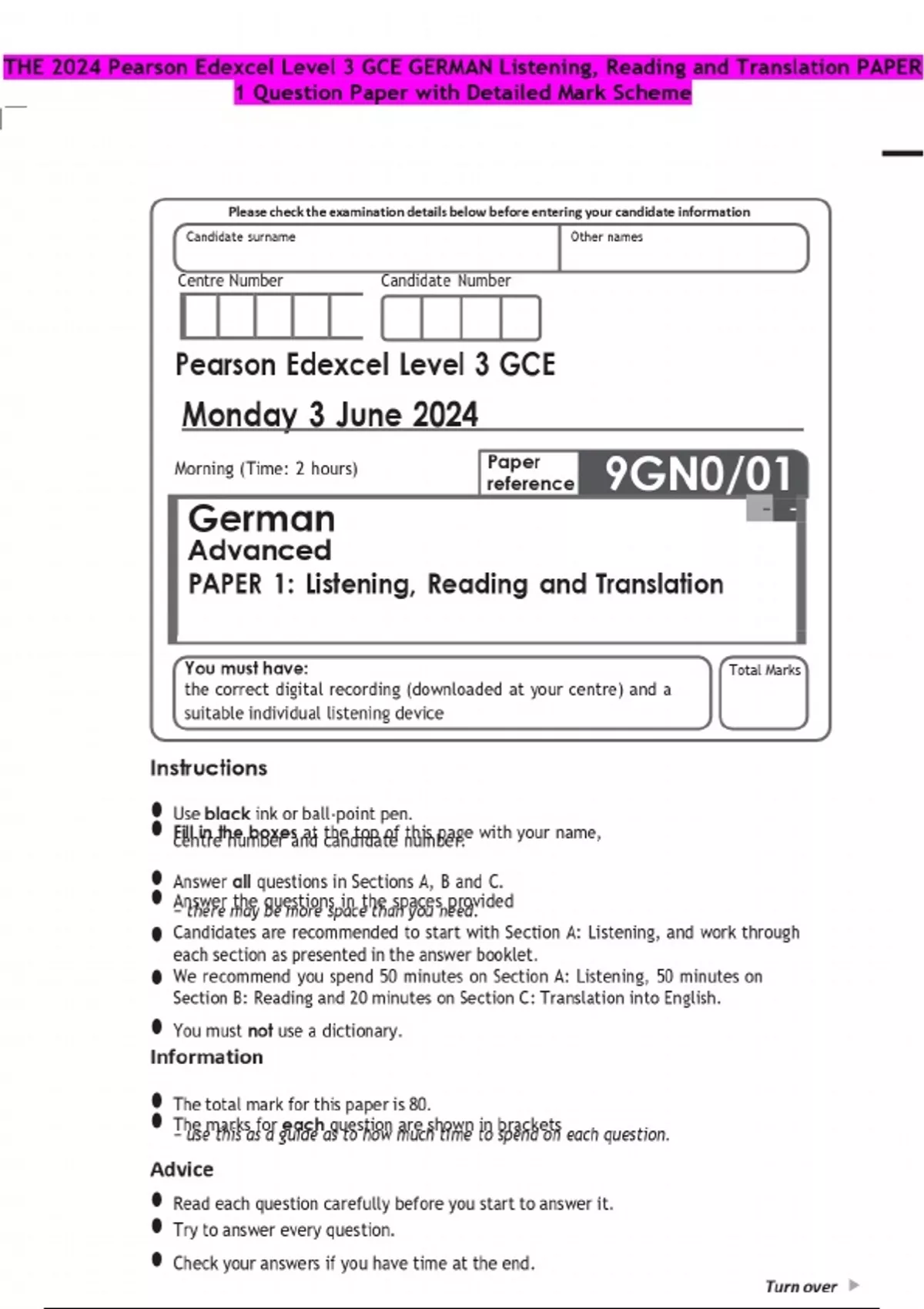 THE 2024 Pearson Edexcel Level 3 GCE GERMAN Listening, Reading and ...