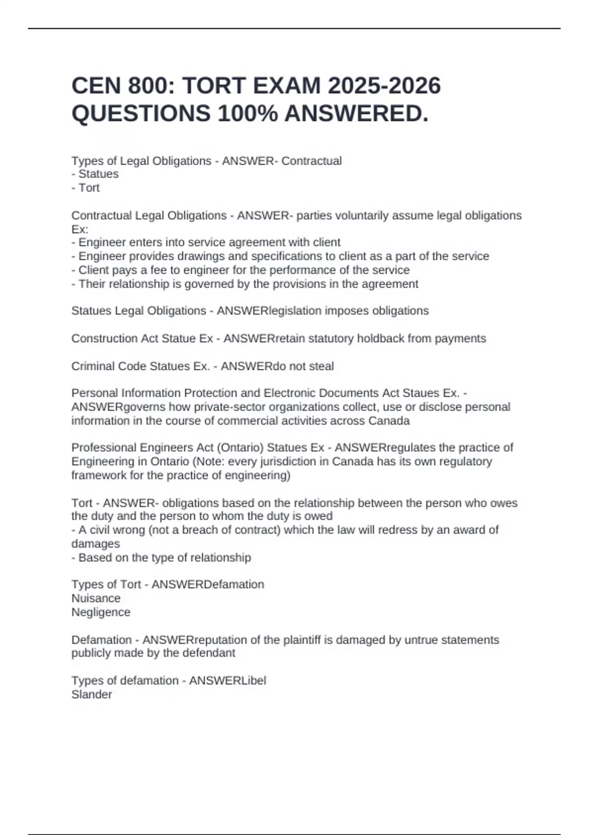 CEN 800: TORT EXAM QUESTIONS 100% ANSWERED. - CEN 800: Tort - Stuvia US