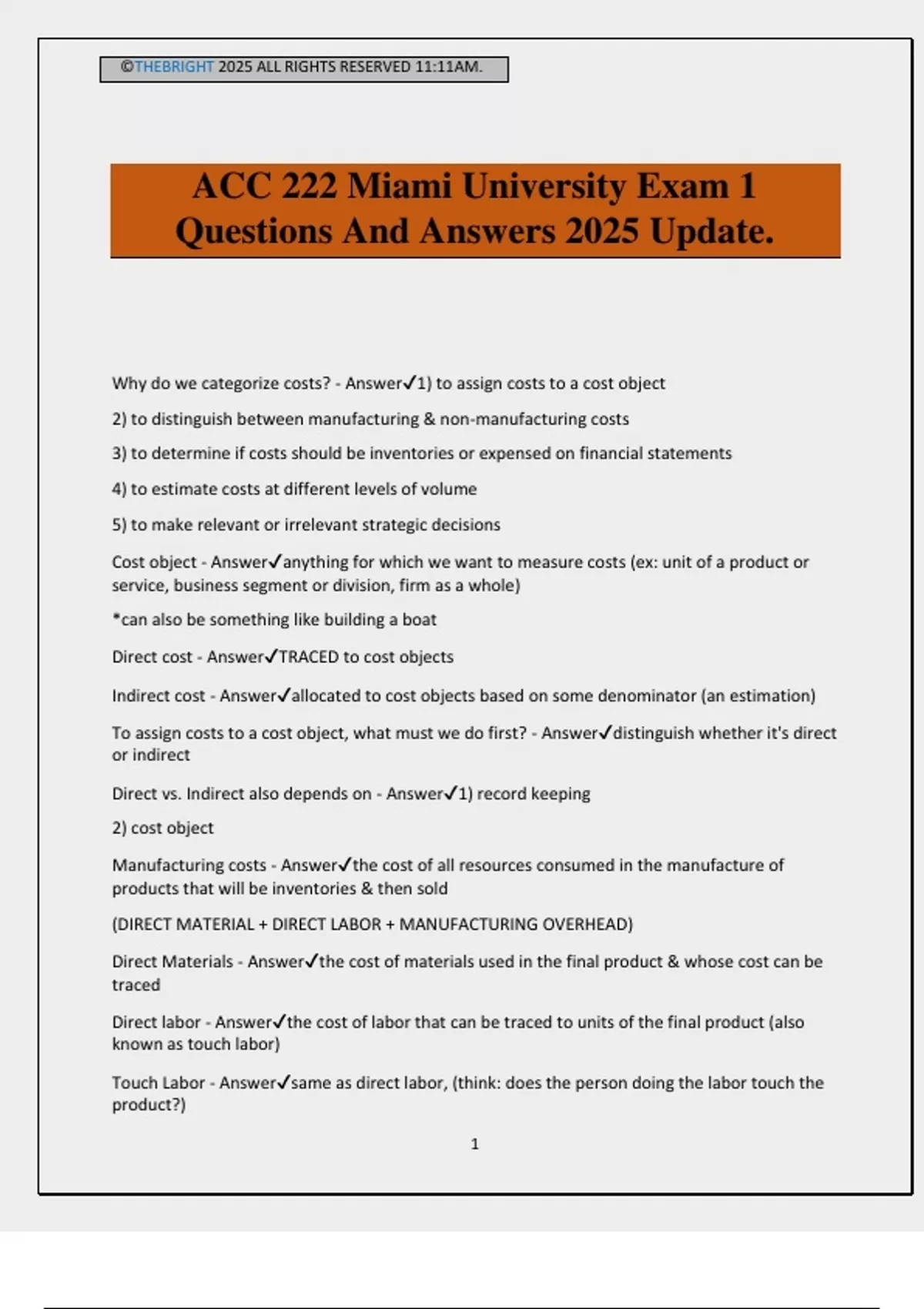 ACC 222 Miami University Exam 1 Questions And Answers 2025 Update. - ACC 222 - Stuvia US