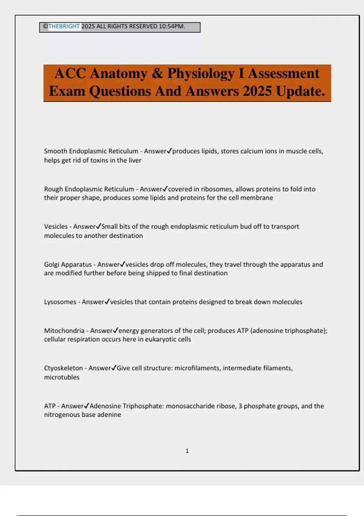 ACC Anatomy & Physiology I Assessment Exam Questions And Answers 2025 ...