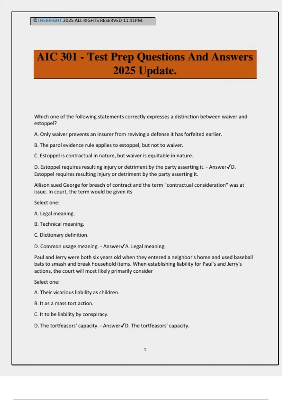 AIC 301 - Test Prep Questions And Answers 2025 Update. - AIC 301 ...