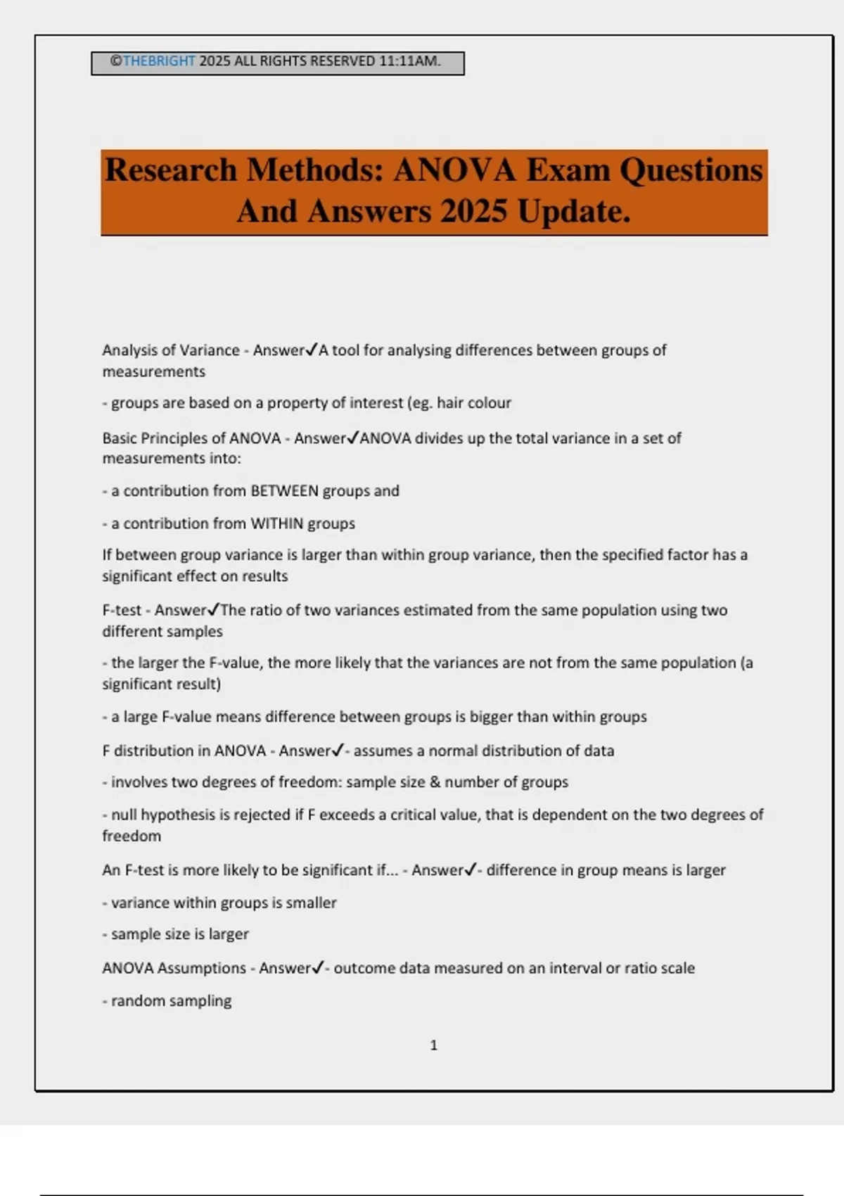 Research Methods: ANOVA Exam Questions And Answers 2025 Update. - ANOVA ...