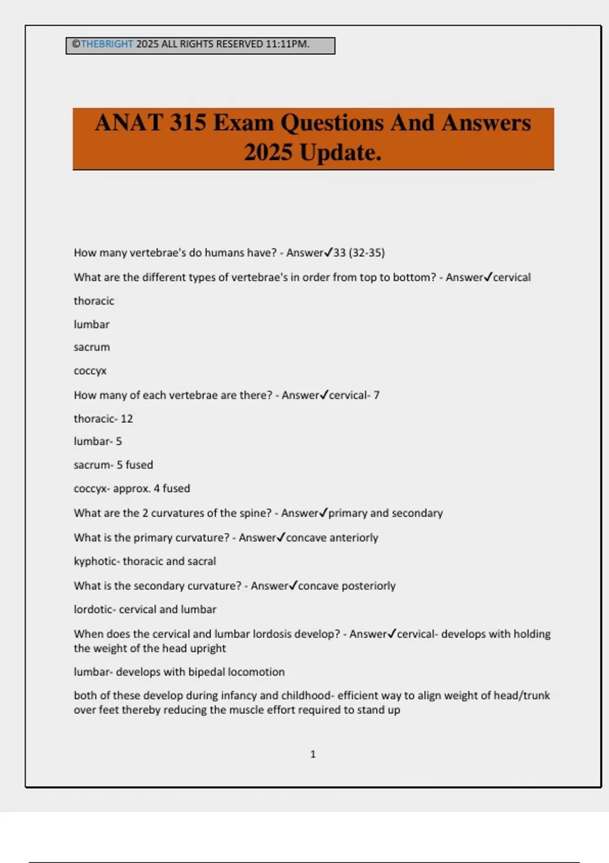 ANAT 315 Exam Questions And Answers 2025 Update. - ANAT 315 - Stuvia US