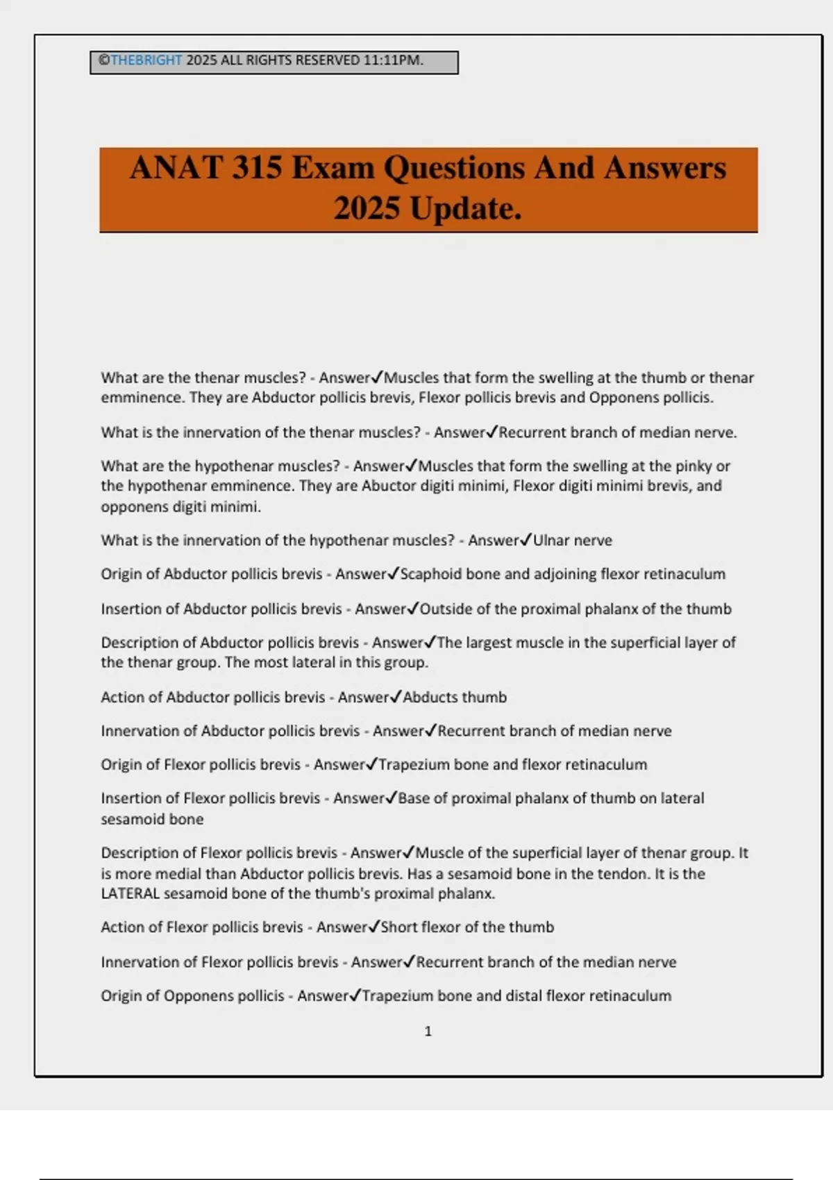 ANAT 315 Exam Questions And Answers 2025 Update. - ANAT 315 - Stuvia US