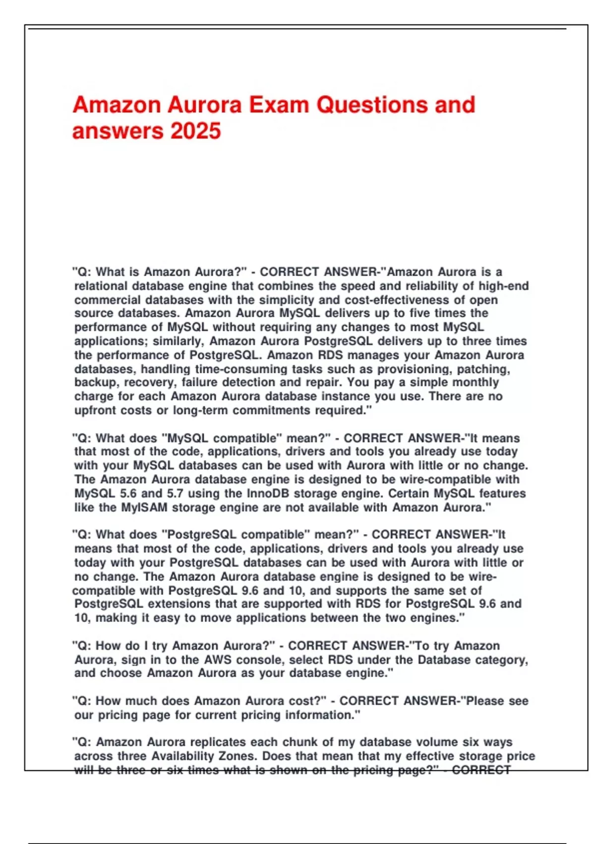 Amazon Aurora Exam Questions and answers 2025 - Aurora - Stuvia US