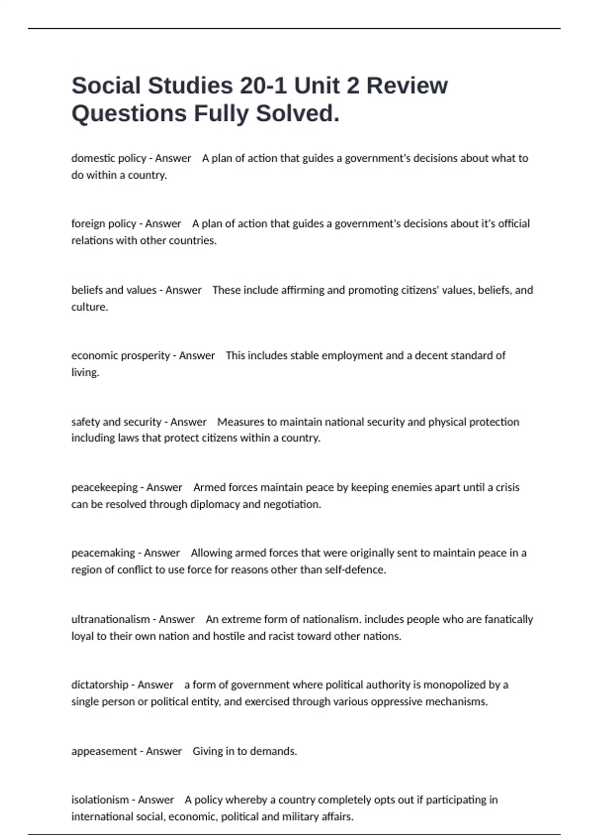 Social Studies 20-1 Unit 2 Review Questions Fully Solved. - Alberta ...