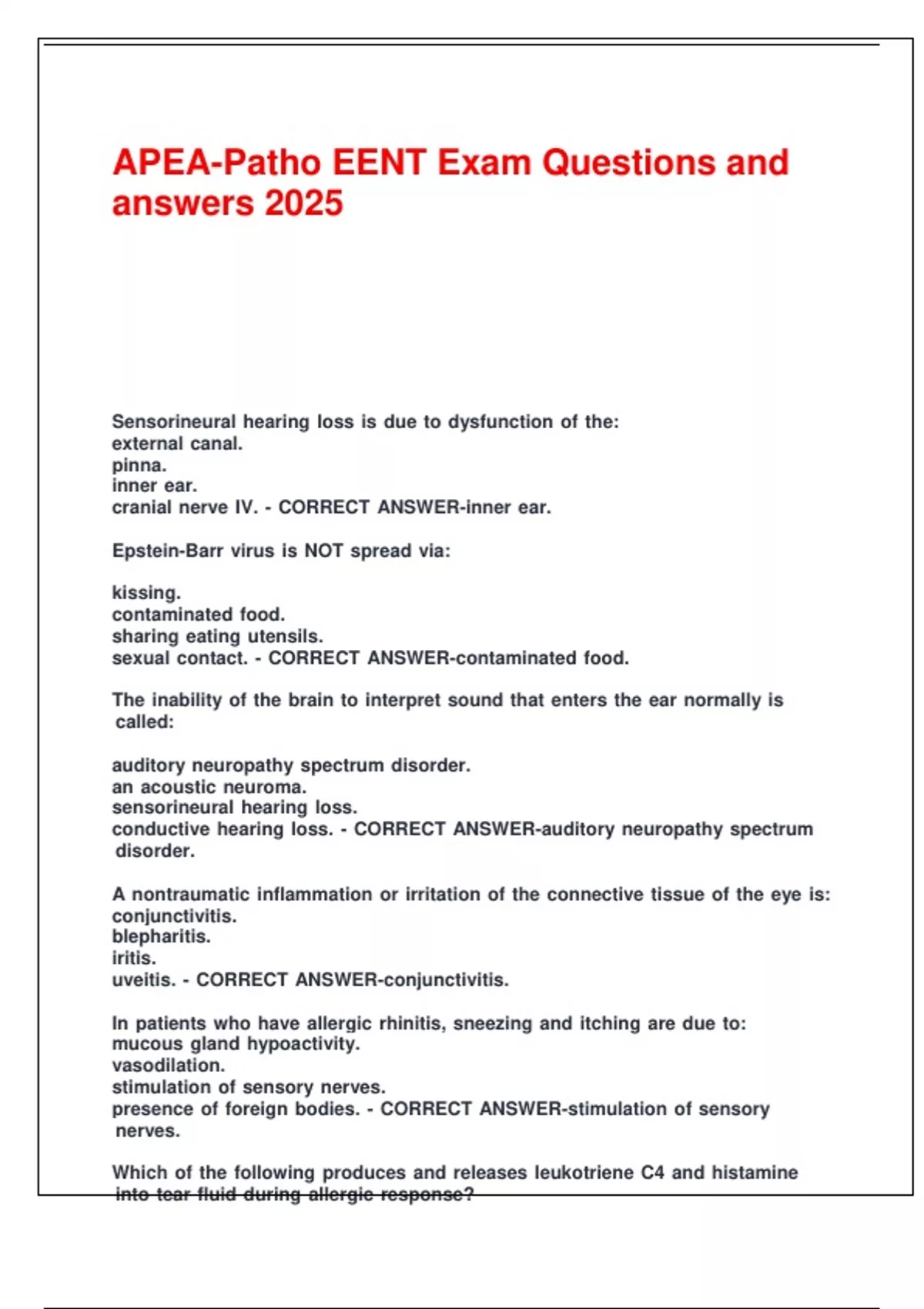 APEA-Patho EENT Exam Questions and answers 2025. - Apea - Stuvia US