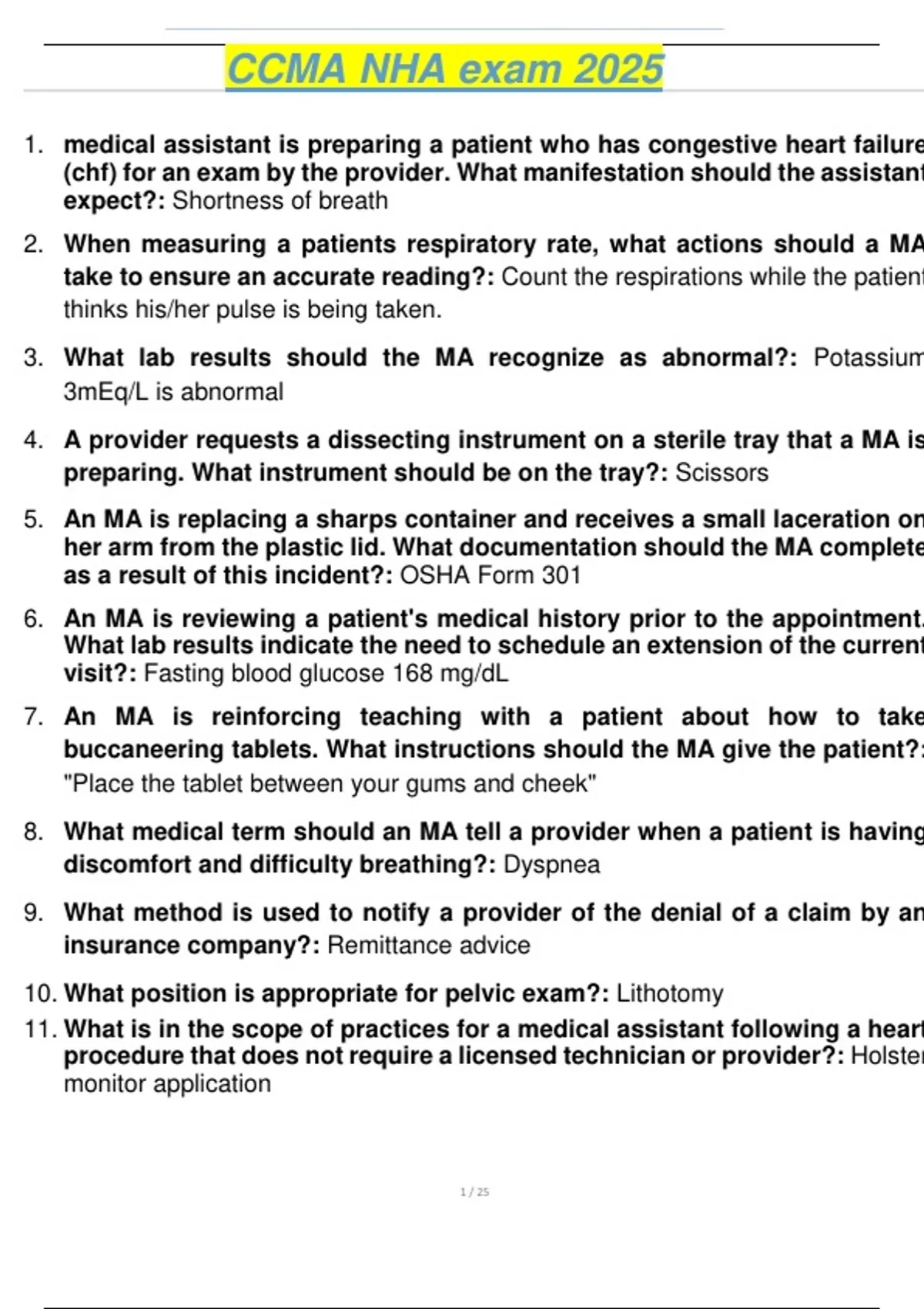 CCMA NHA exam 2025 verified questions and answers guaranteed pass ...