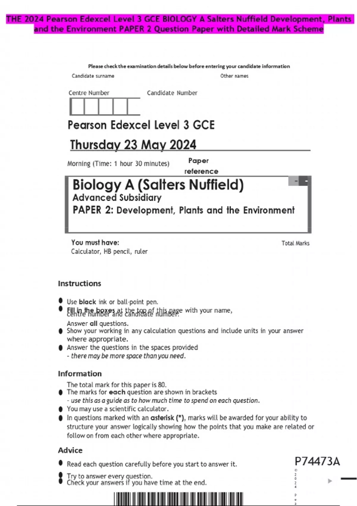 THE 2024 Pearson Edexcel Level 3 GCE BIOLOGY A Salters Nuffield ...