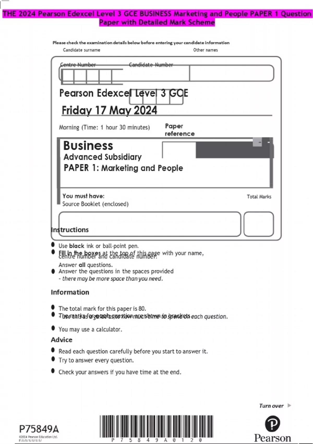 THE 2024 Pearson Edexcel Level 3 GCE BUSINESS Marketing and People ...