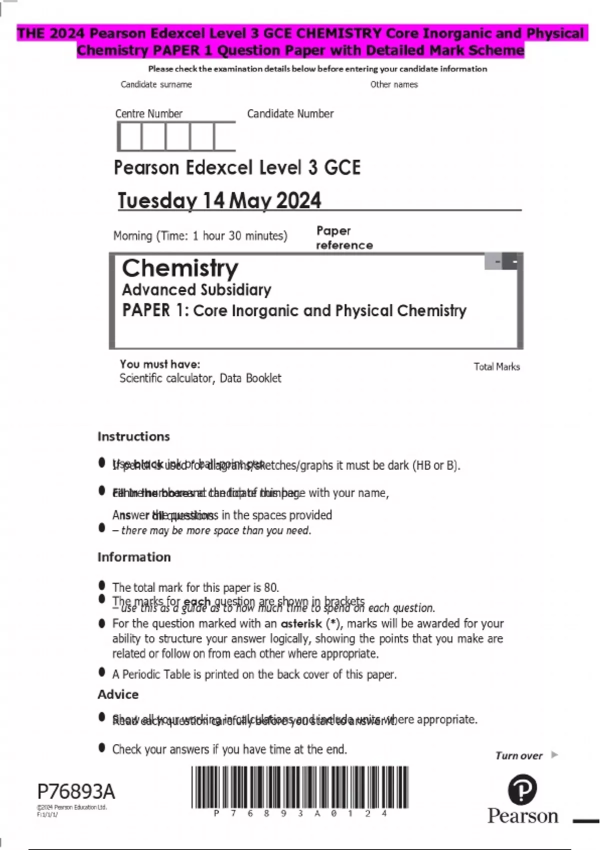 THE 2024 Pearson Edexcel Level 3 GCE CHEMISTRY Core Inorganic and ...