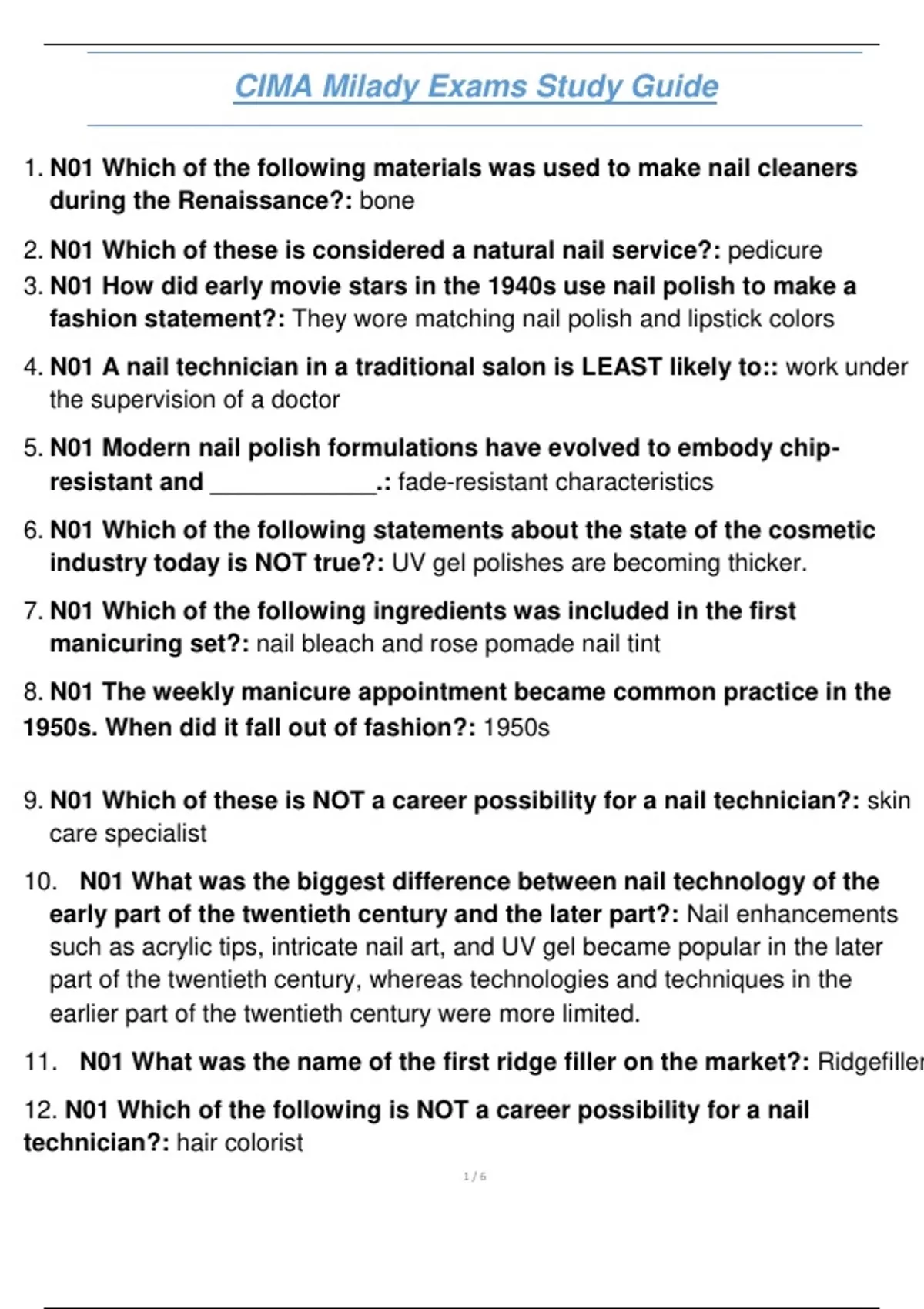 MILADY CIMA Exams 2025 verified questions and answers - Stuvia US