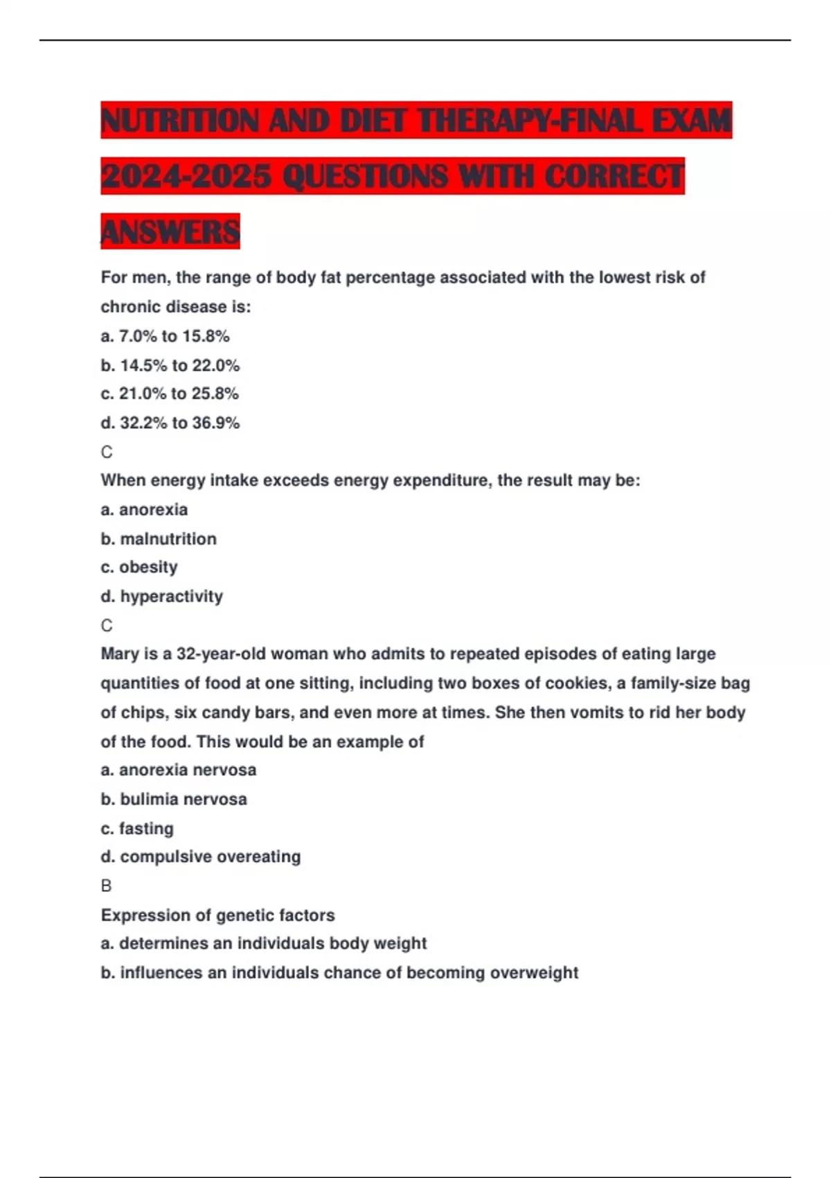 NUTRITION AND DIET THERAPY-FINAL EXAM QUESTIONS WITH CORRECT ANSWERS ...