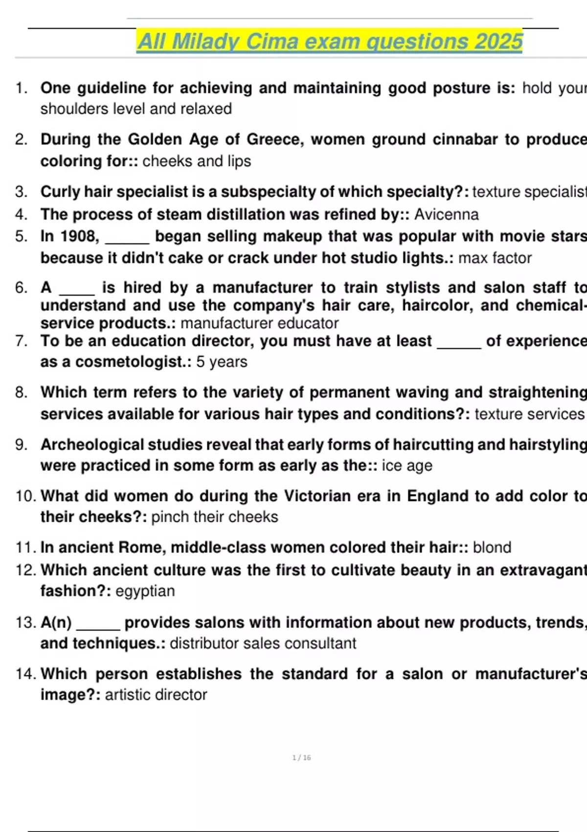 All Milady Cima exam questions and Answers updated 2025 - MILADY CIMA - Stuvia US
