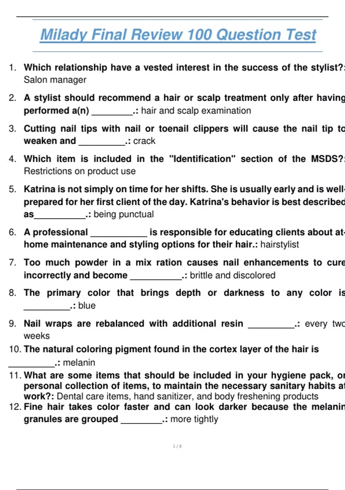 Milady Final Review 100 Question Test verified 2025 guaranteed pass ...