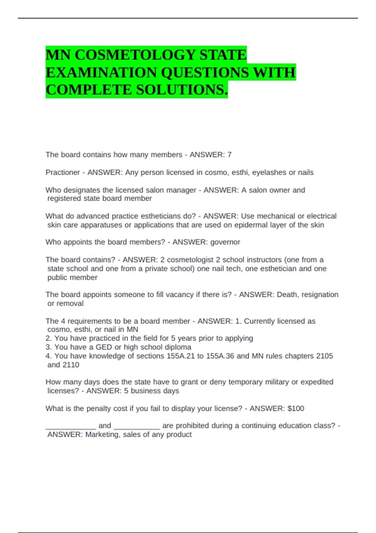 MN COSMETOLOGY STATE EXAMINATION QUESTIONS WITH COMPLETE SOLUTIONS - MN Cosmetology Manager ...