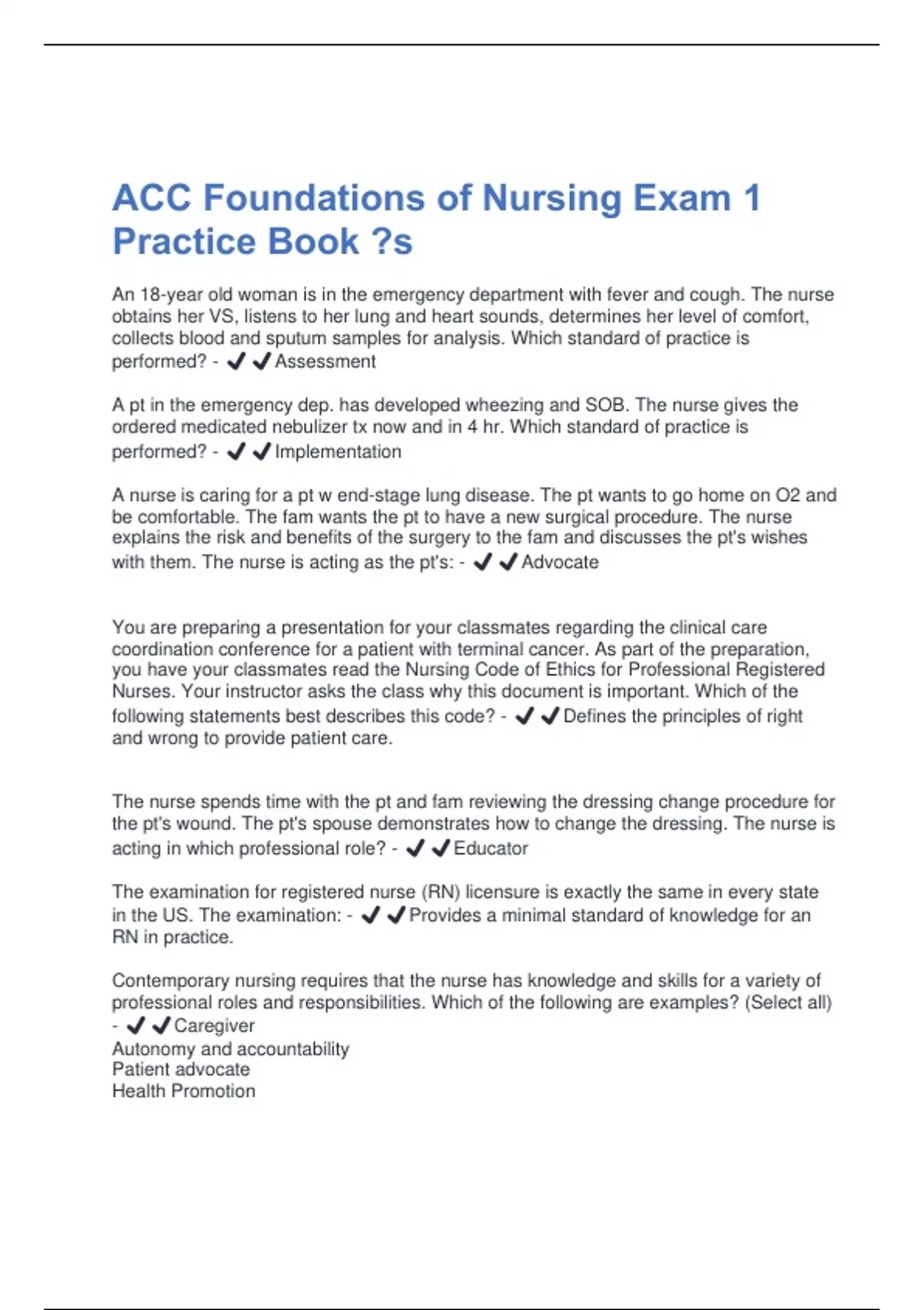 ACC Foundations of Nursing Exam 1 Practice Book ?s Questions and Answers | 2025 Update | 100% ...
