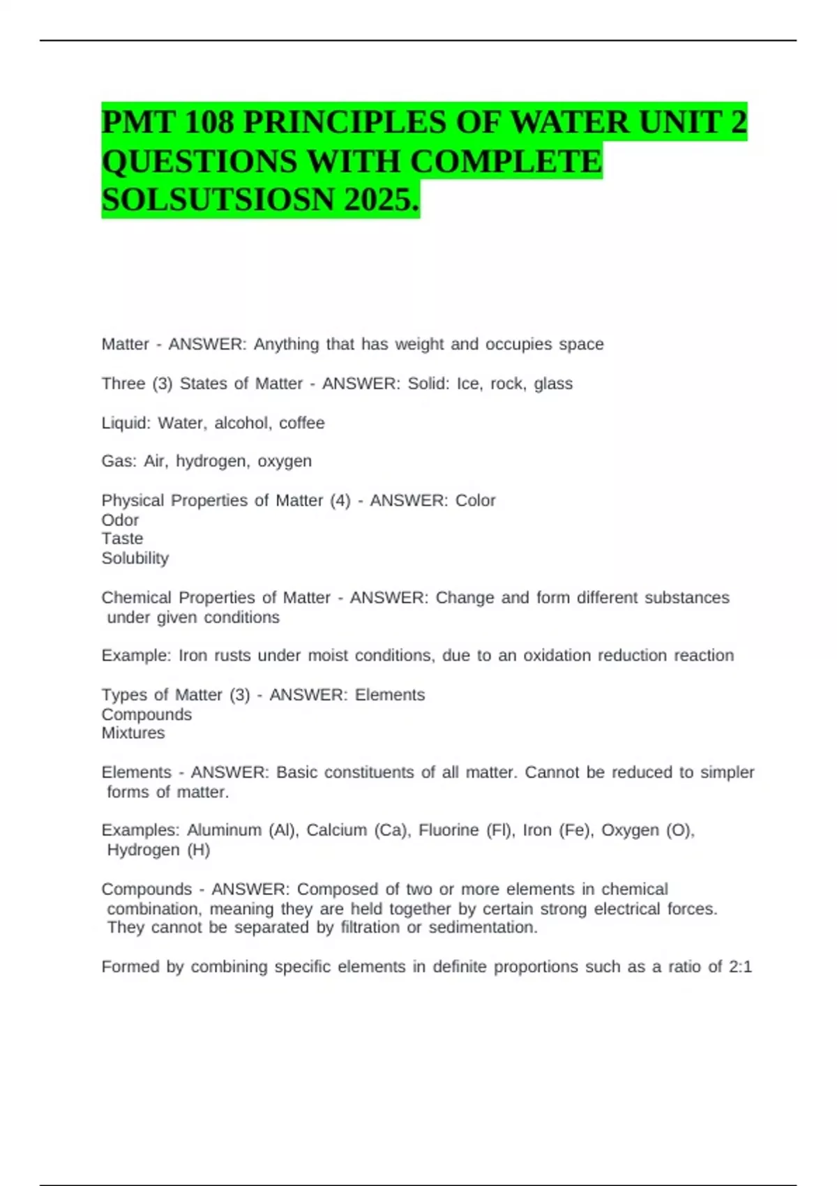 PMT 108 PRINCIPLES OF WATER UNIT 2 QUESTIONS WITH COMPLETE SOLSUTSIOSN ...