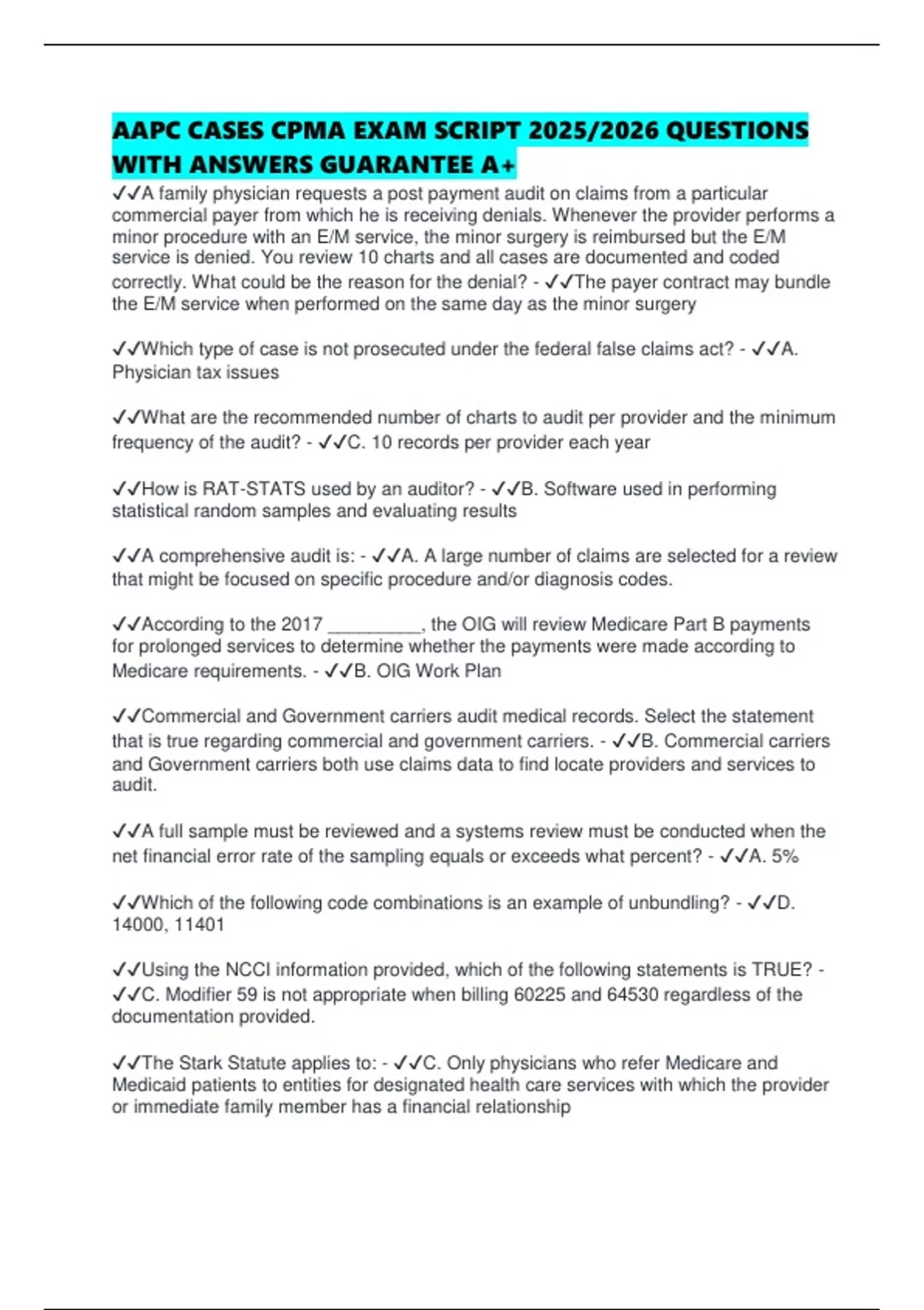 AAPC CASES CPMA EXAM SCRIPT 2025/2026 QUESTIONS WITH ANSWERS GUARANTEE A+ - AAPC - Stuvia US