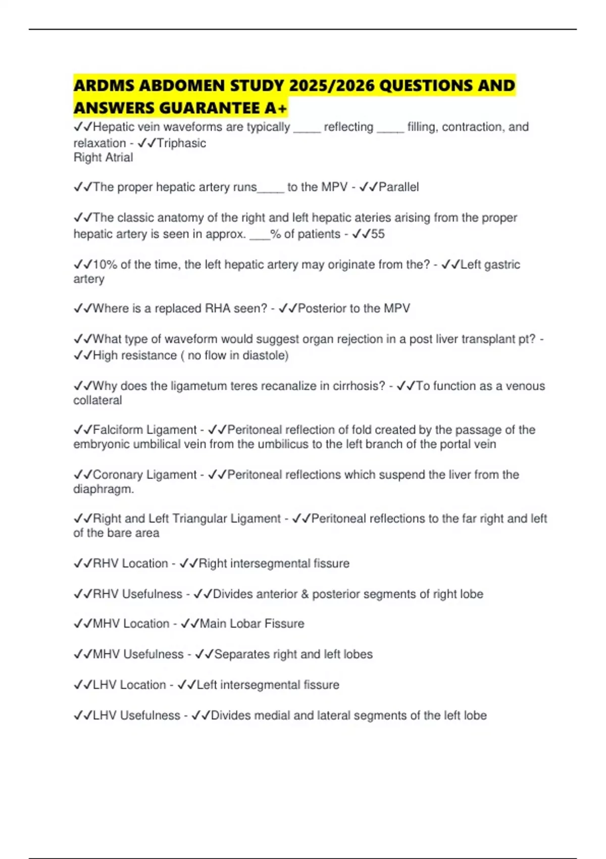 ARDMS ABDOMEN STUDY 2025/2026 QUESTIONS AND ANSWERS GUARANTEE A+ ...