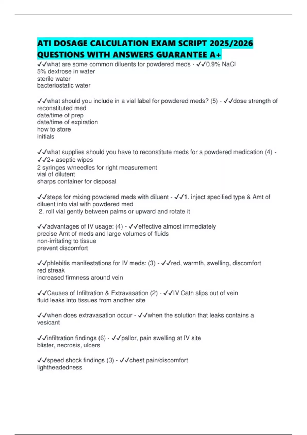 ATI DOSAGE CALCULATION EXAM SCRIPT 2025/2026 QUESTIONS WITH ANSWERS ...