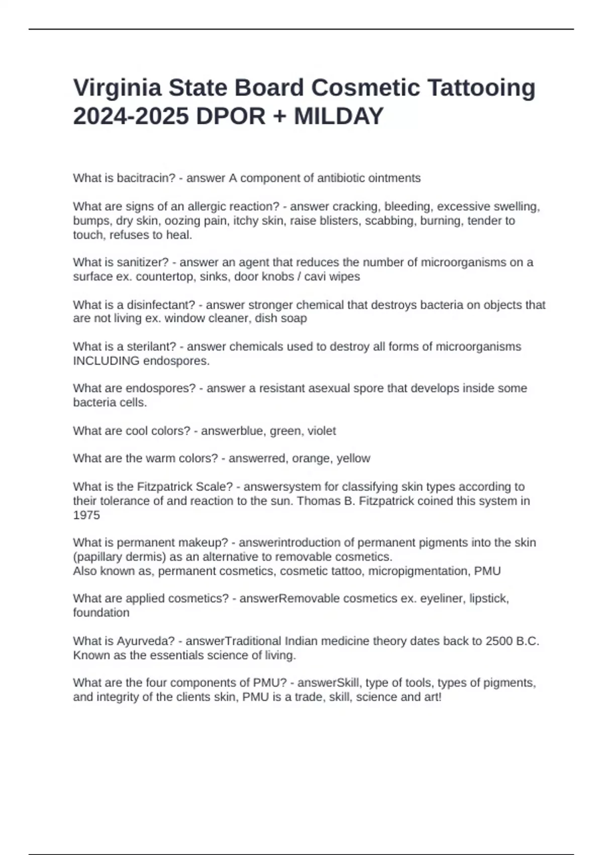 Virginia State Board Cosmetic Tattooing DPOR + MILDAY Questions with ...