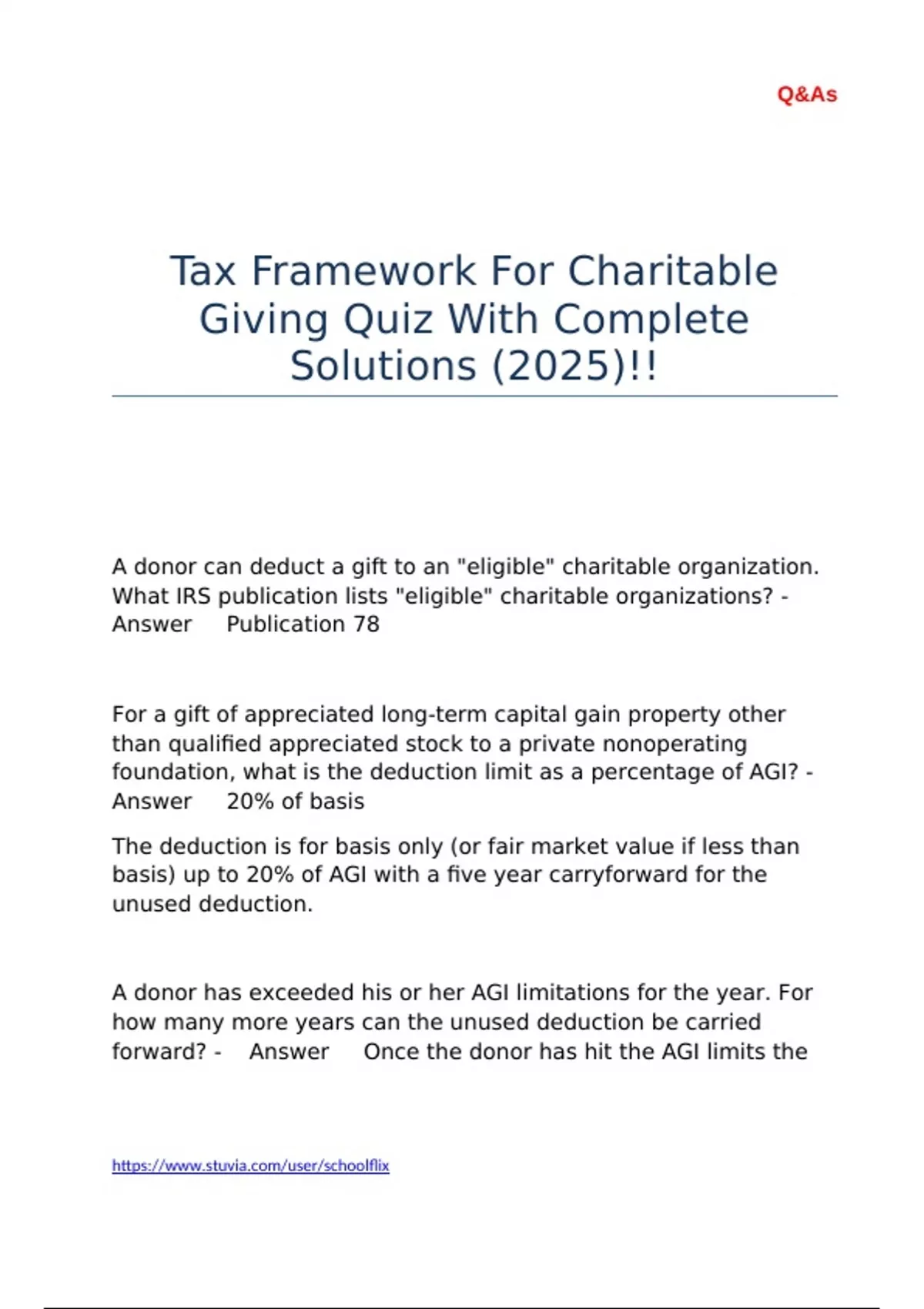 Tax Framework For Charitable Giving Quiz With Complete Solutions (2025 ...