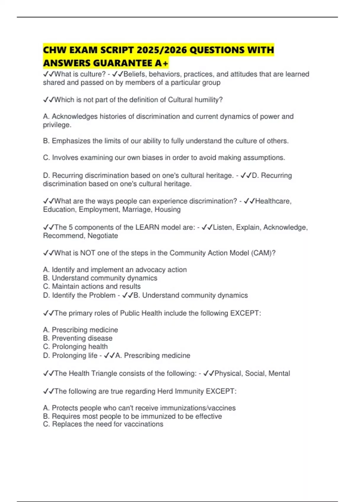 CHW EXAM SCRIPT 2025/2026 QUESTIONS WITH ANSWERS GUARANTEE A+ - CHW ...