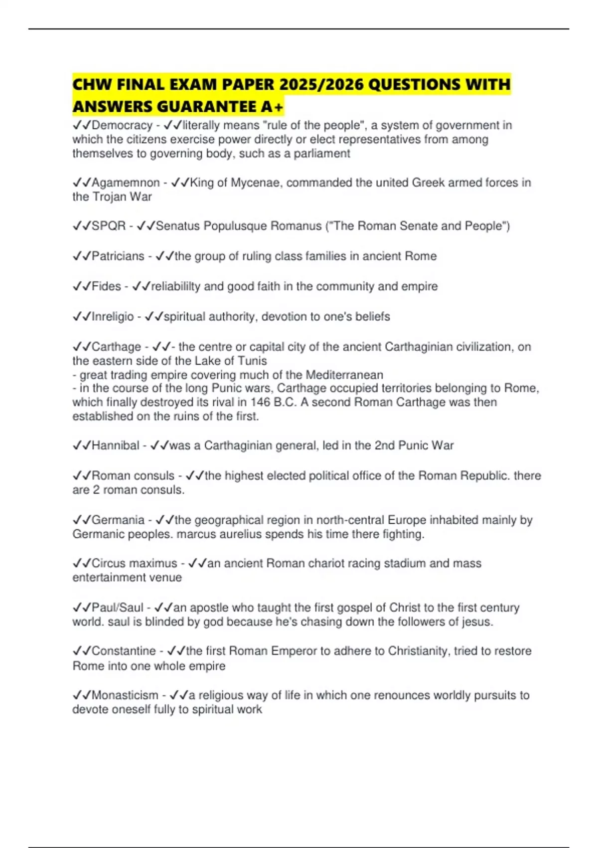 CHW FINAL EXAM PAPER 2025/2026 QUESTIONS WITH ANSWERS GUARANTEE A+ ...